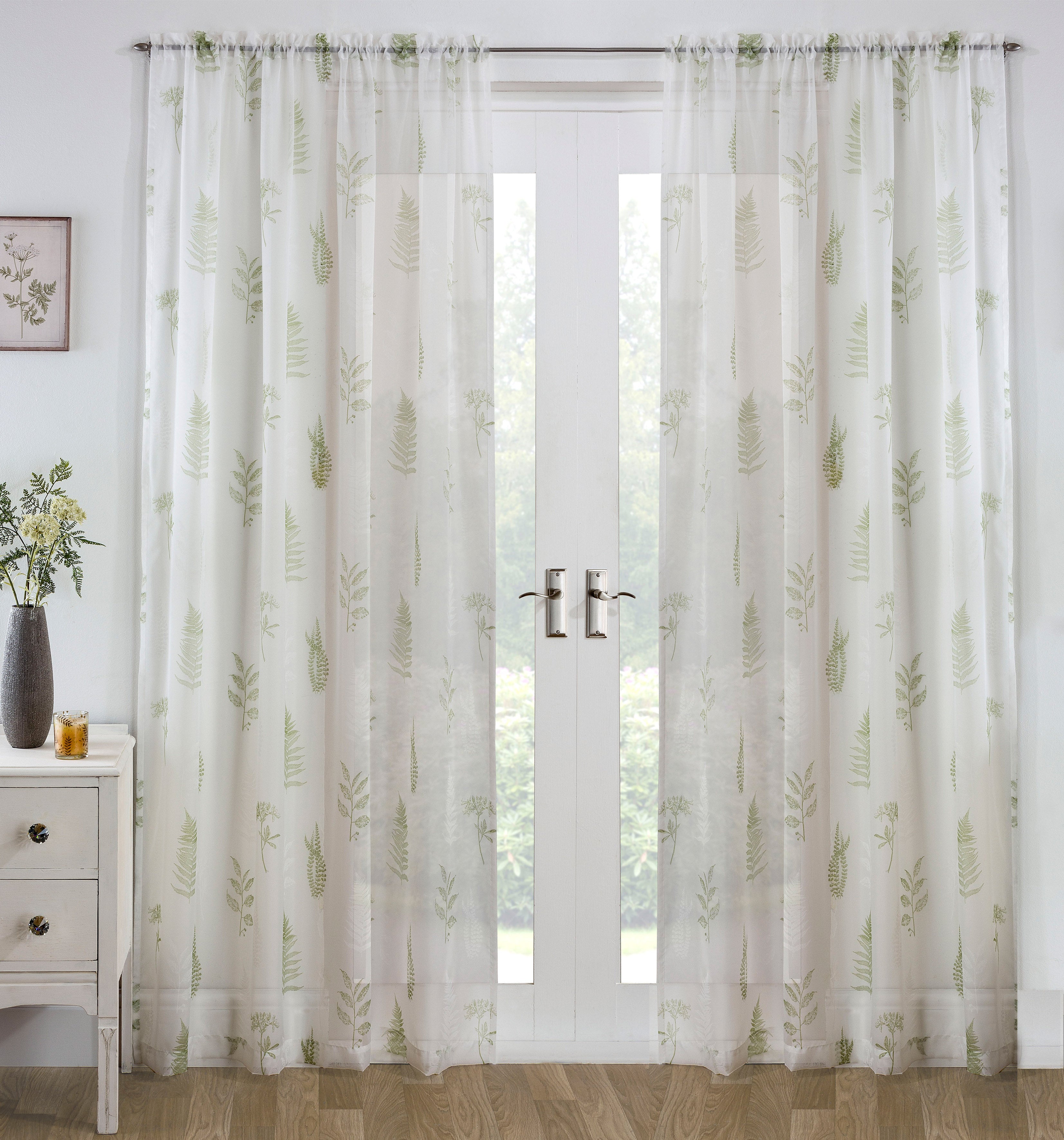 Bracken Green Leaf Print Linen-Look Voile Panel - Pair