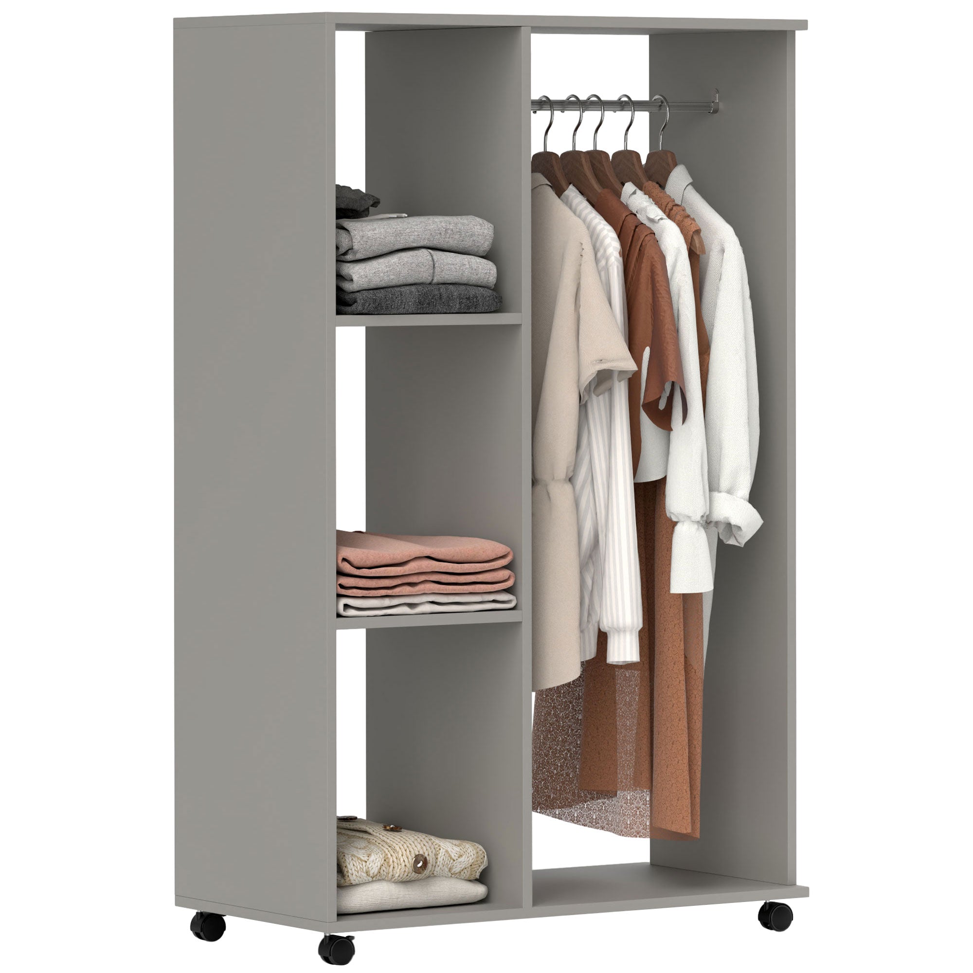 HOMCOM Rolling Open Wardrobe Hanging Rail Storage Shelves For Clothes,