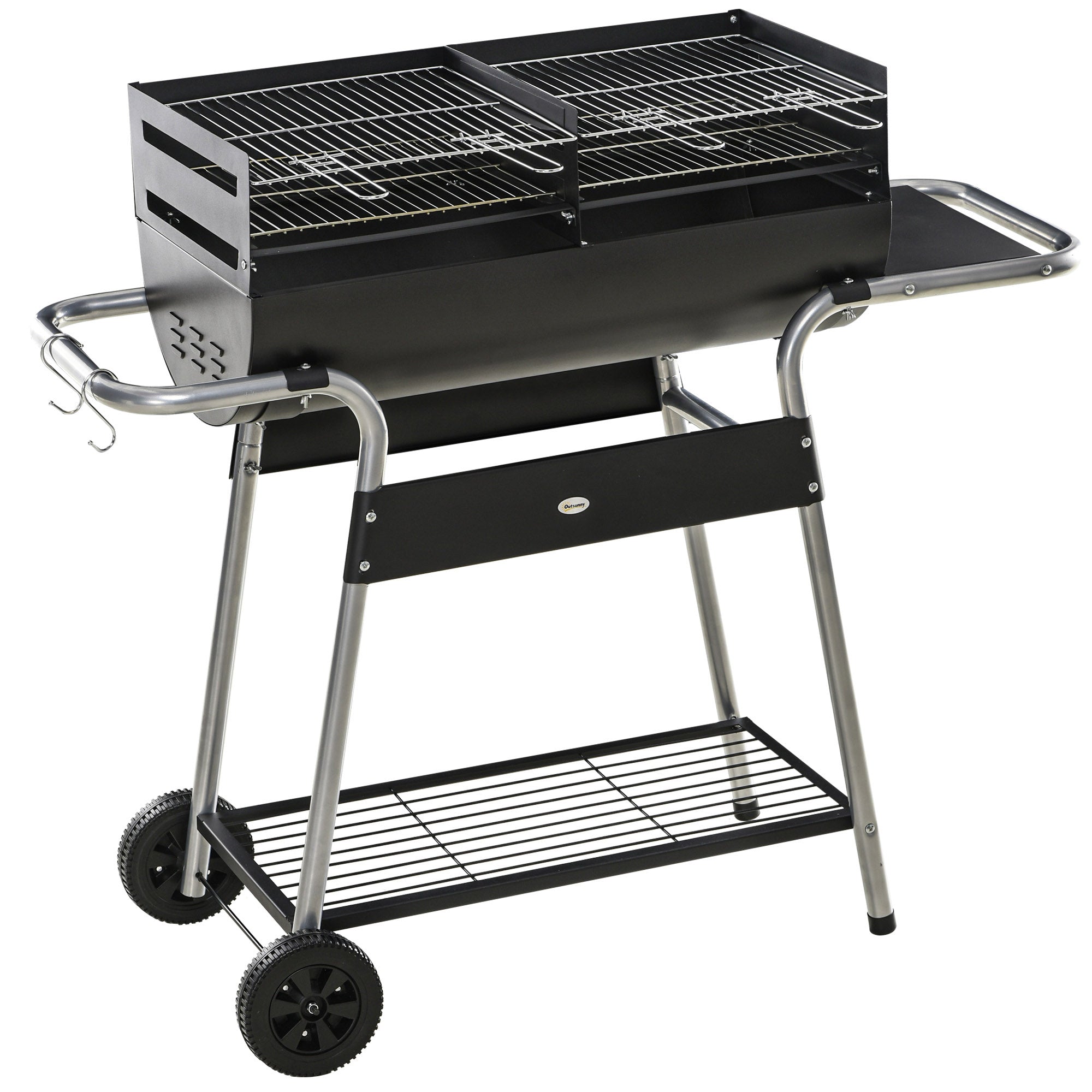 Outsunny Charcoal BBQ Grill with Double Grill, Table, Storage Shelf an