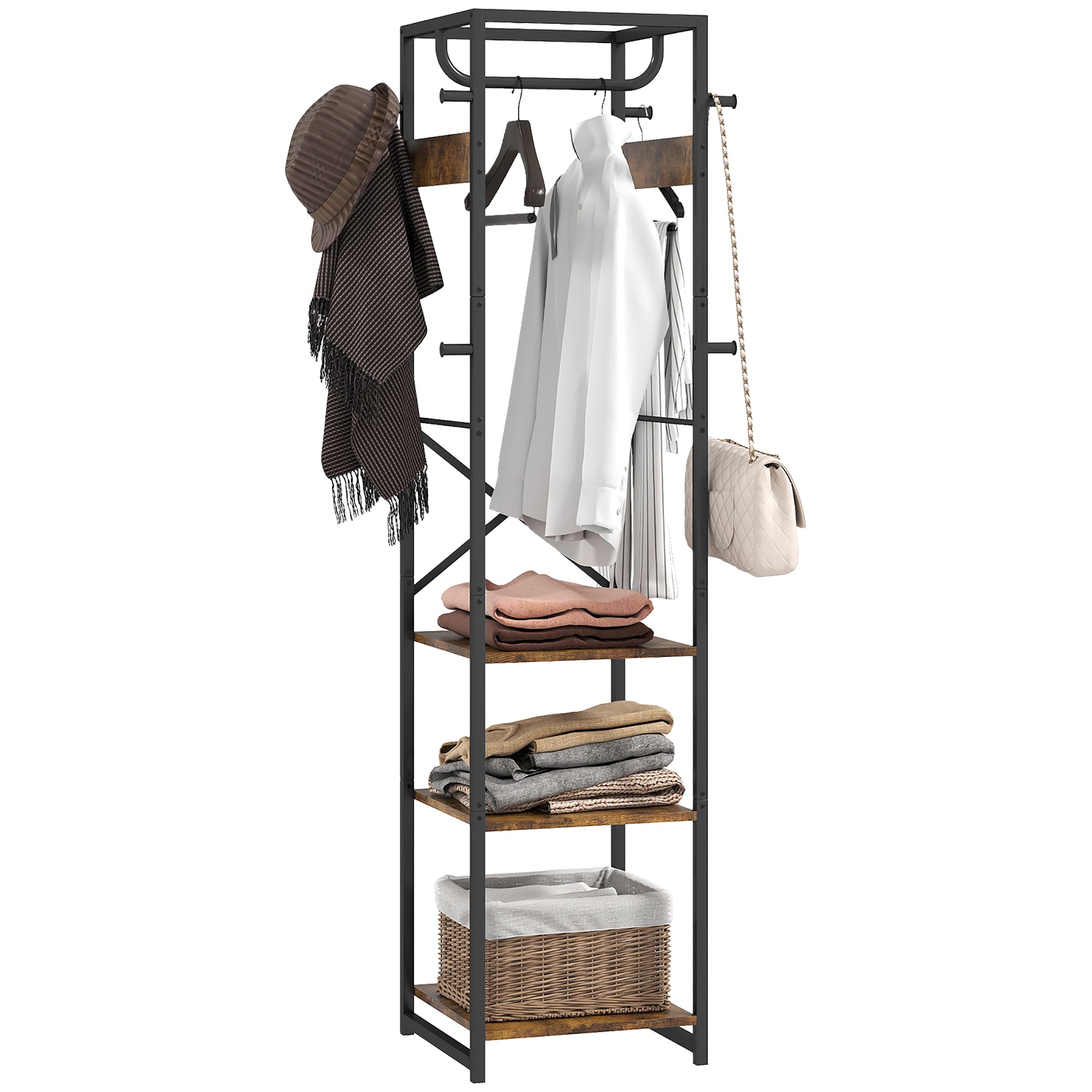 HOMCOM Clothes Rail With Storage Shelf And Hooks, Clothes Rack