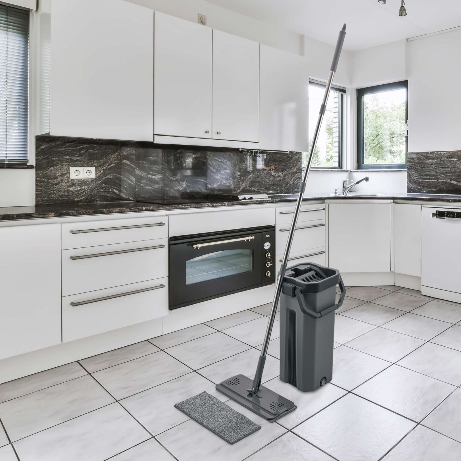 Lewis's Flat Mop With Bucket - Light Grey