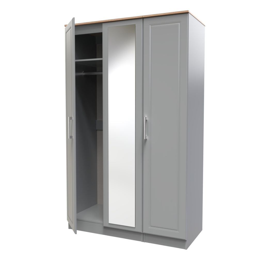 Kingston Ready Assembled Wardrobe with Triple Mirror - Dust Grey & Bar