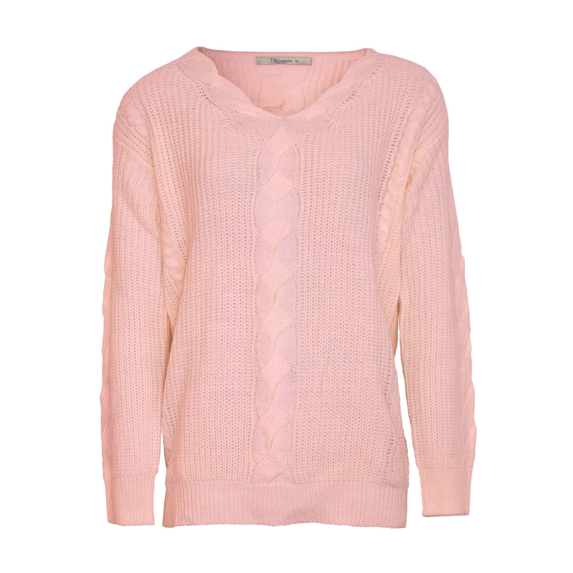 Cable Vee Neck Sweater - Pink