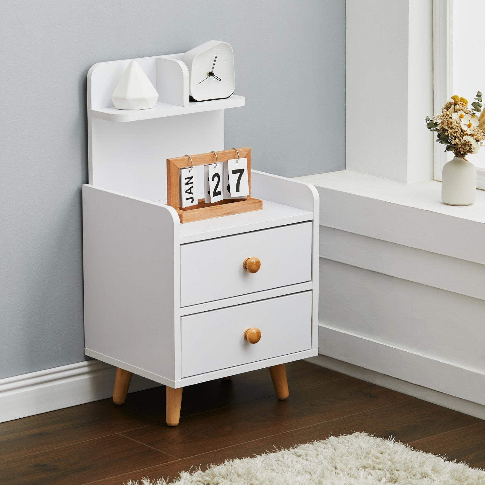 Livingandhome Wooden 2-Drawer Bedside Table Nightstand with a Shelf an