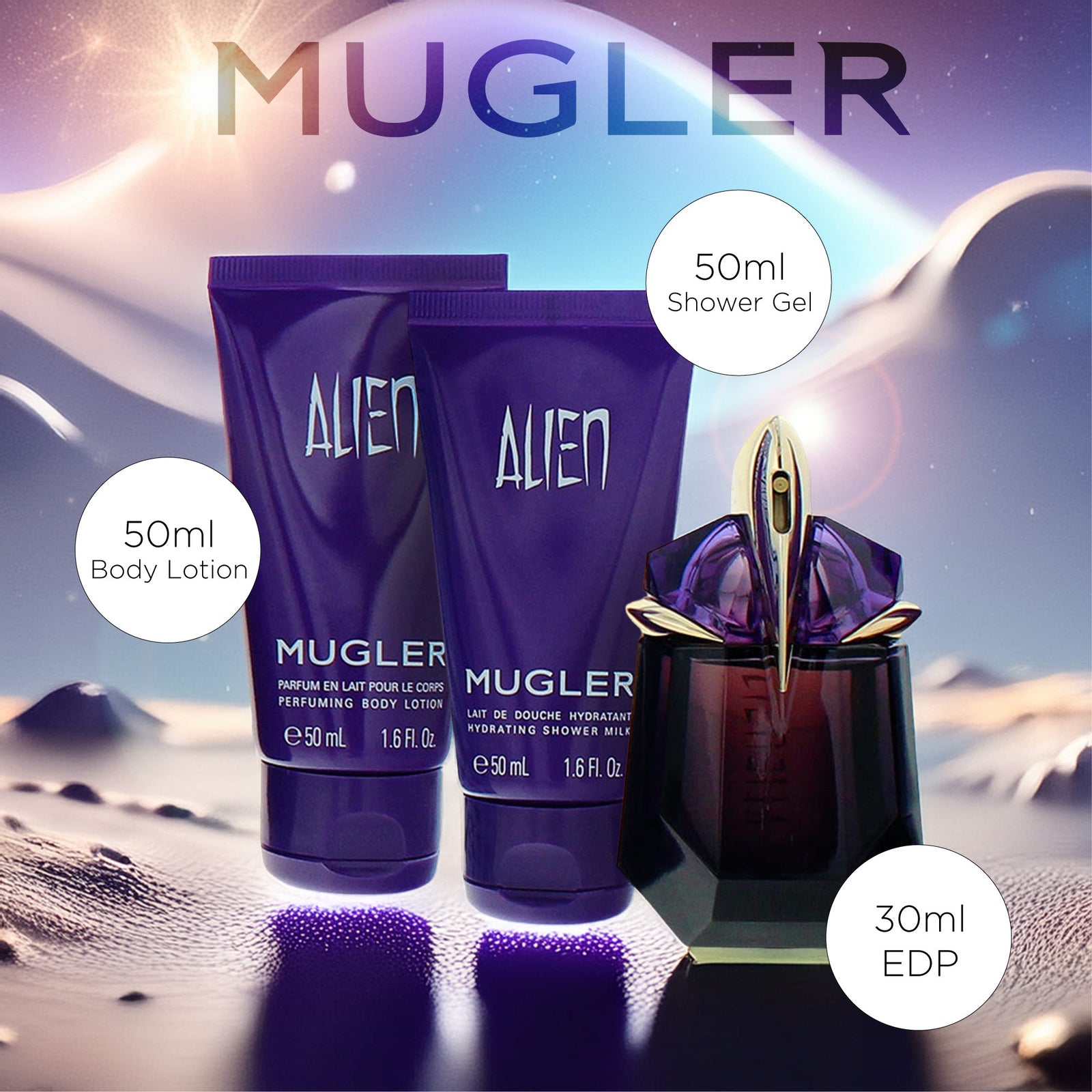 Mugler Alien 3 Piece Gift Set: Eau de Parfum 30ml - Body Lotion 50ml