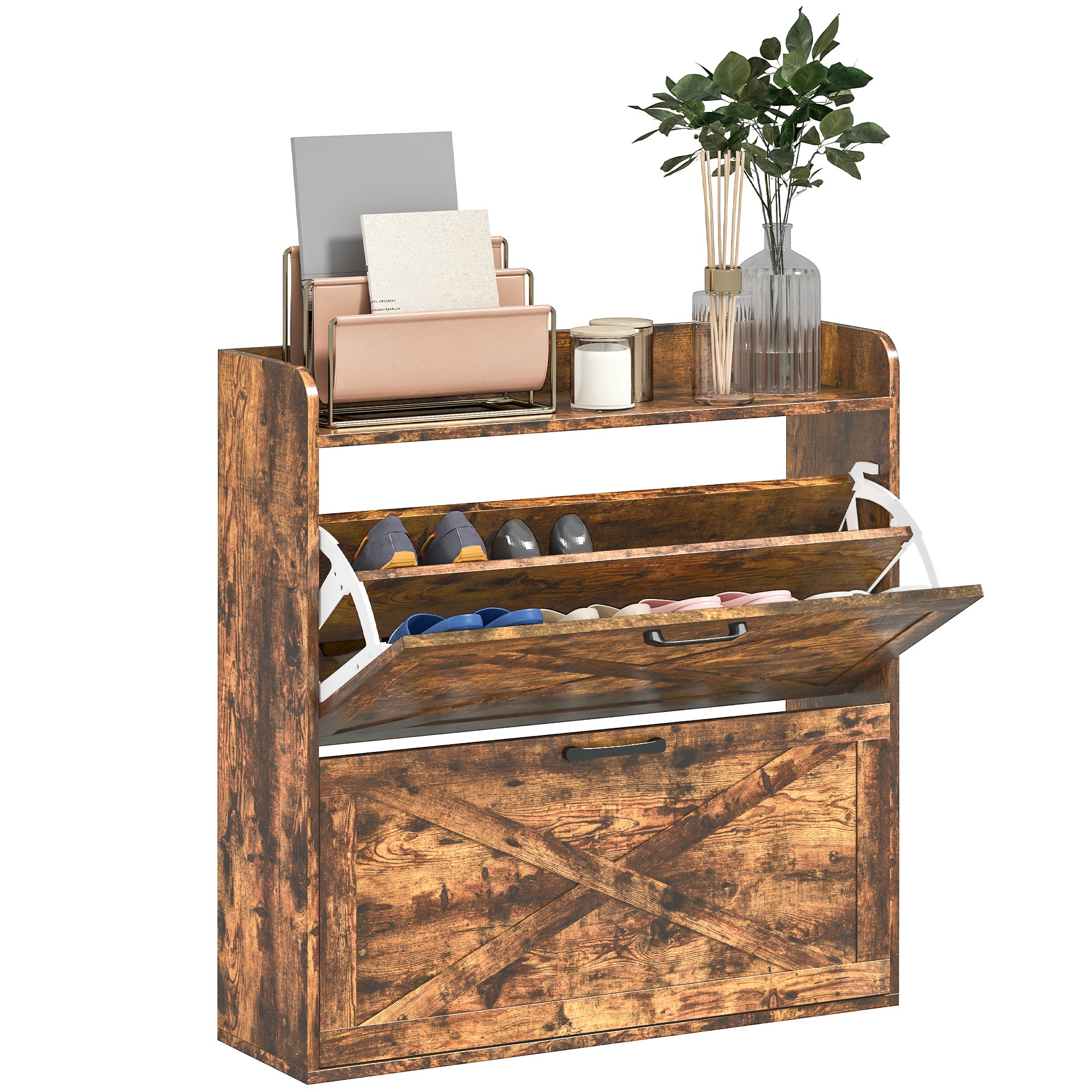 HOMCOM Narrow Shoe Cabinet Farmhouse Slim Shoe Storage Cabinet Rustic