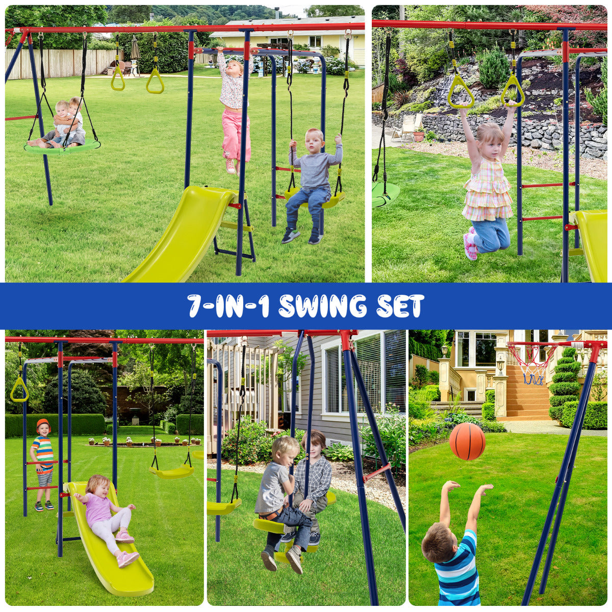 7-in-1 Kids Swing Set With 2 Swings For Kids Aged 3-10 Years Old