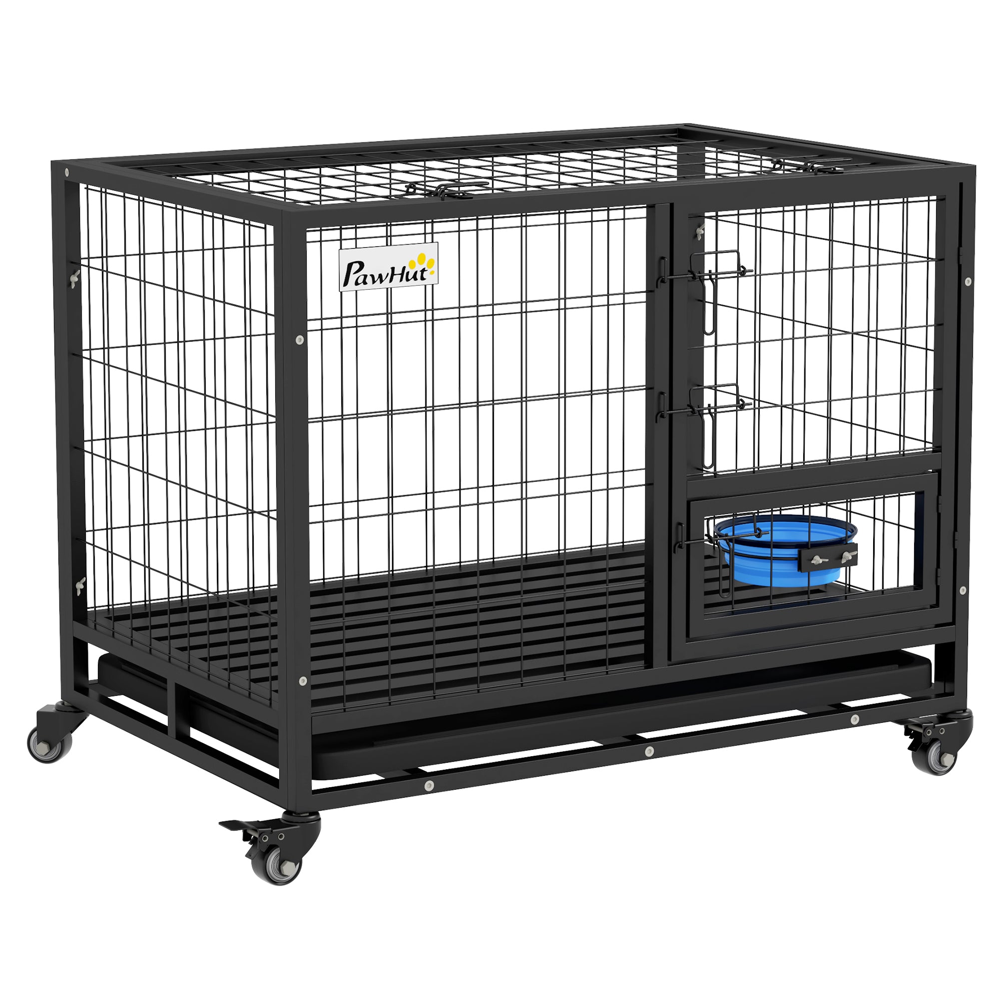 PawHut Heavy Duty Dog Crate on Wheels w/ Bowl Holder, Removable Tray
