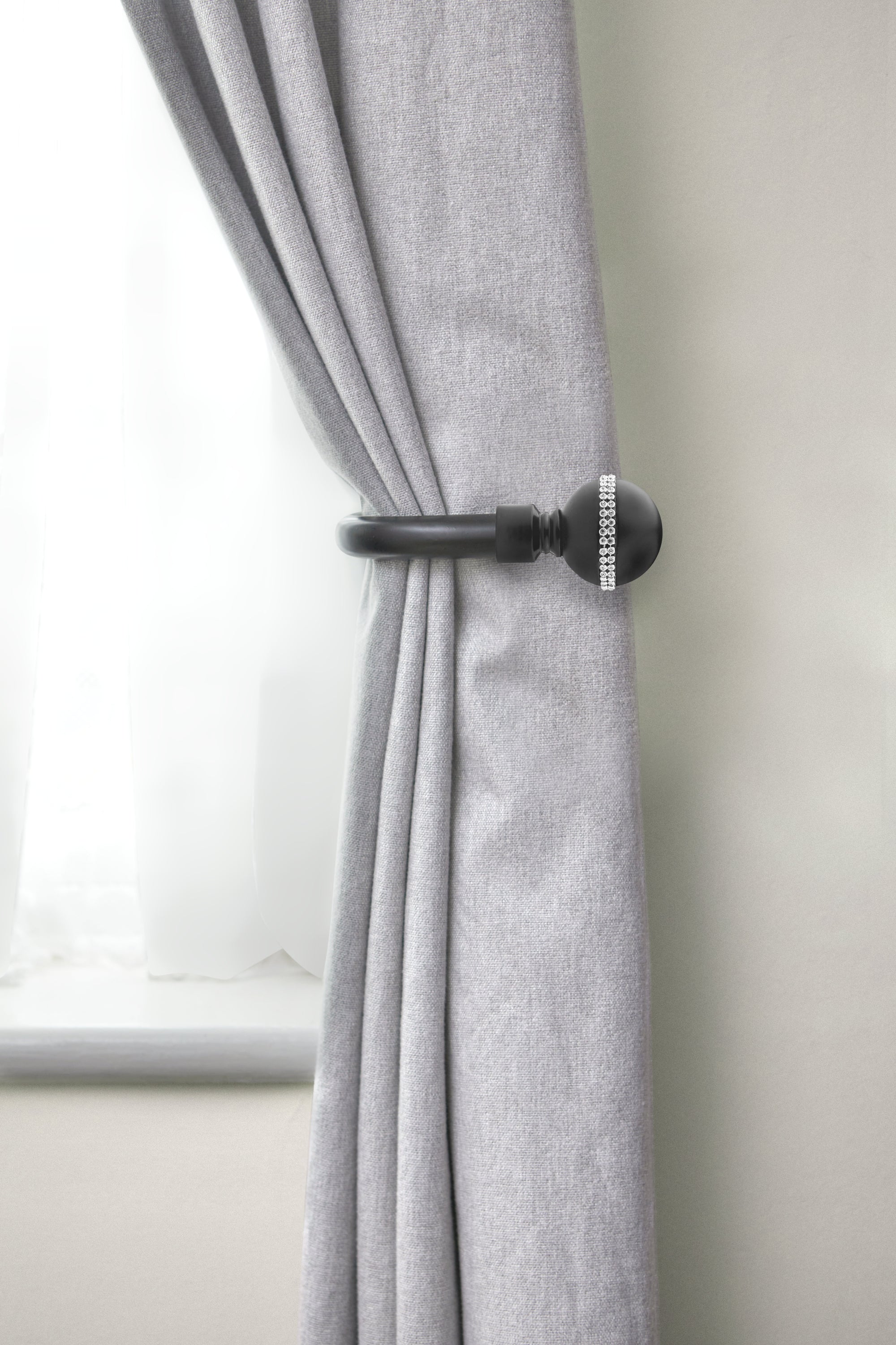 Bling Diamond - Pair of Holdaback Tiebacks with End Finials in Matt Bl