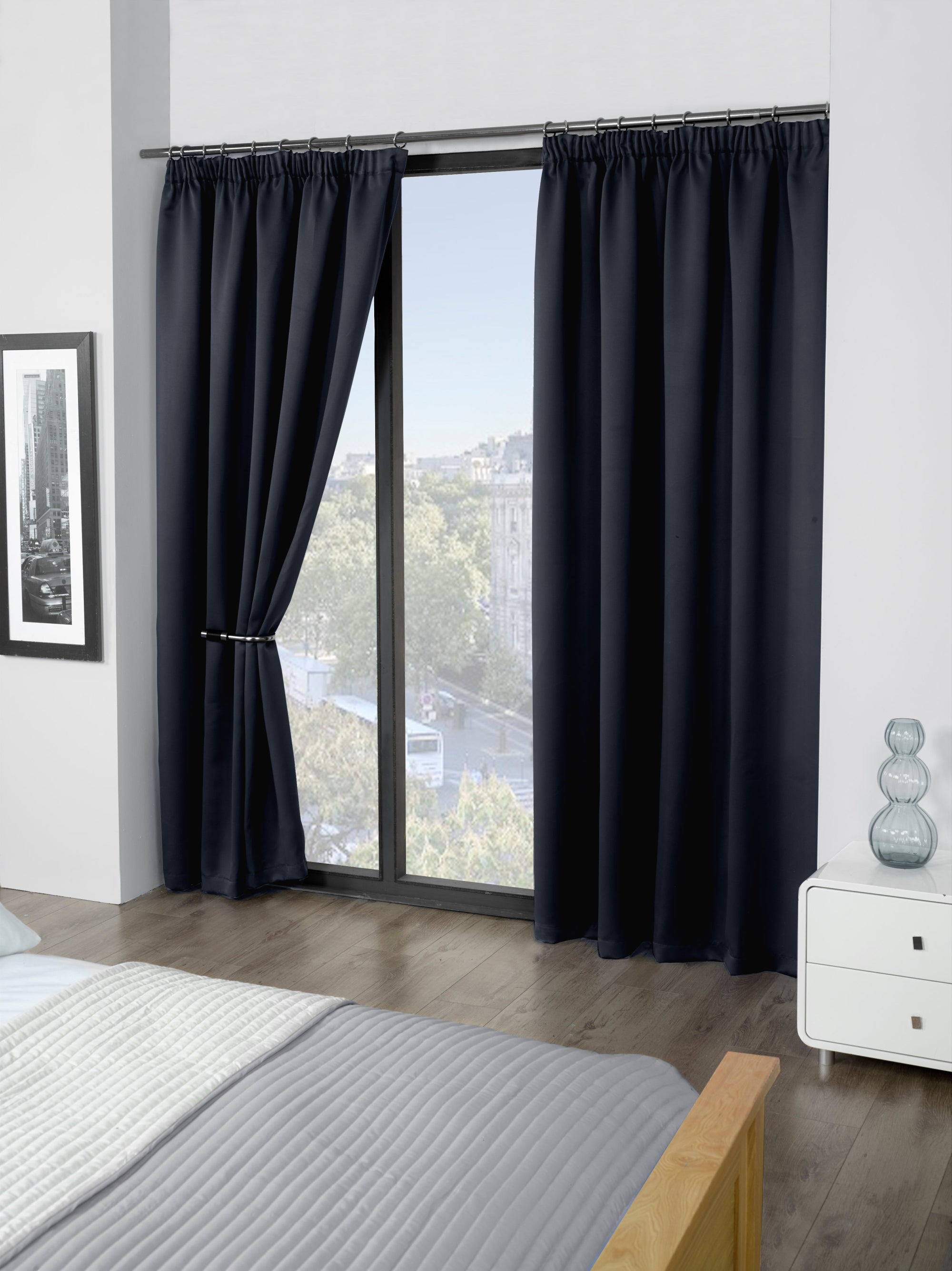 Cali Pencil Pleat - Black Woven Thermal Blackout Curtains