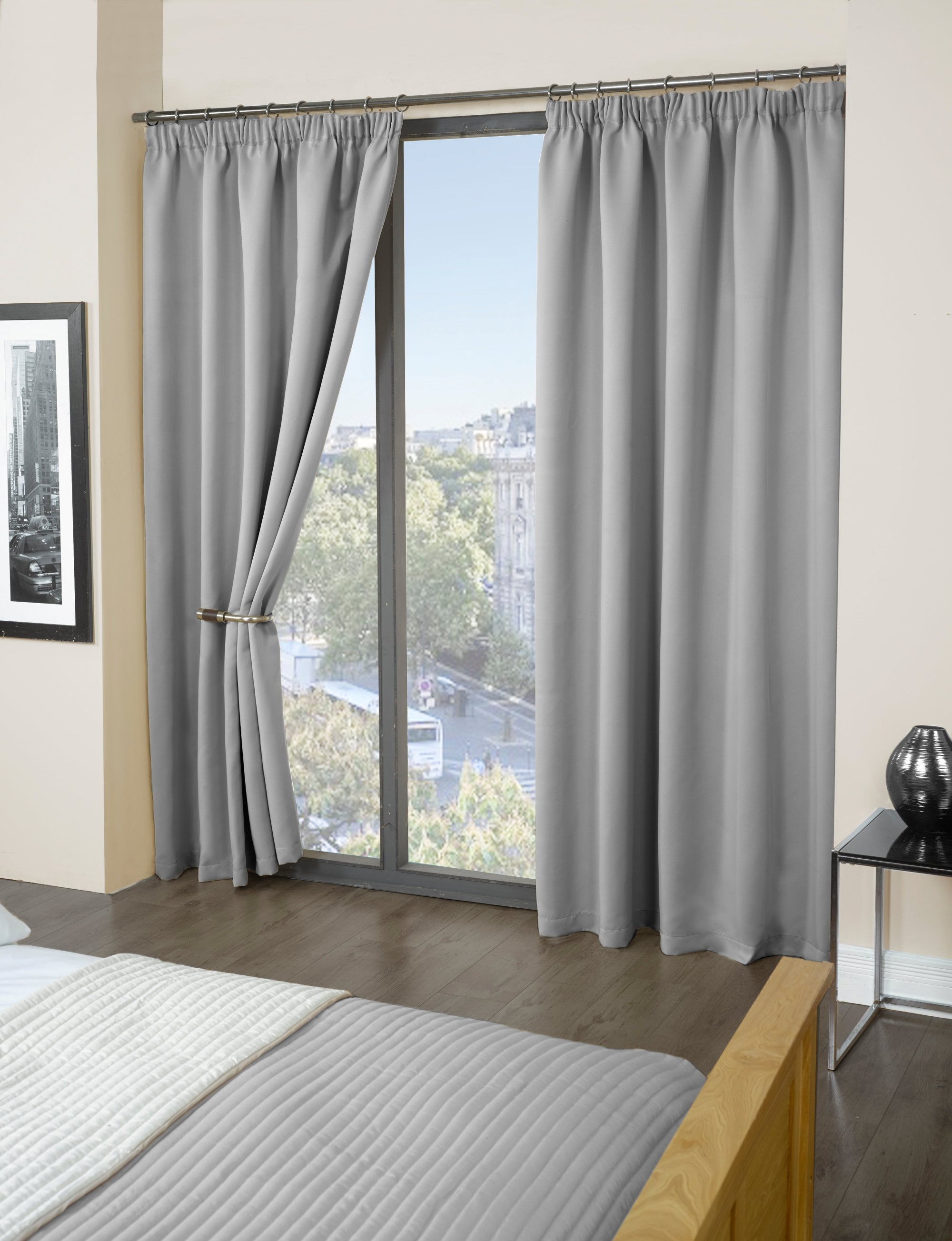 Cali Pencil Pleat - Woven Thermal Blackout Pencil Pleat Curtains in Gr