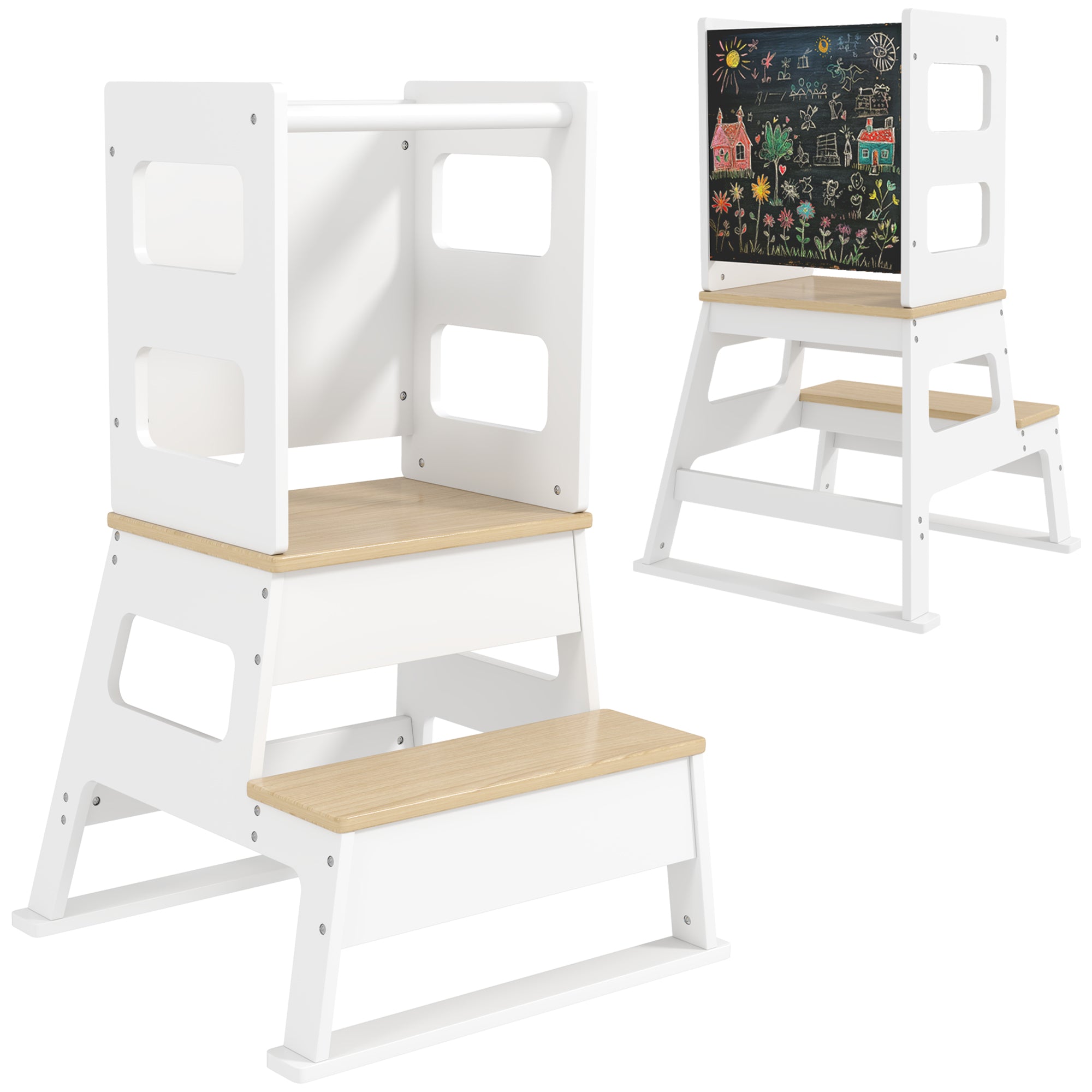 AIYAPLAY 2 in 1 Toddler Tower w/ Chalkboard, Safety Rail, for Kitchen,