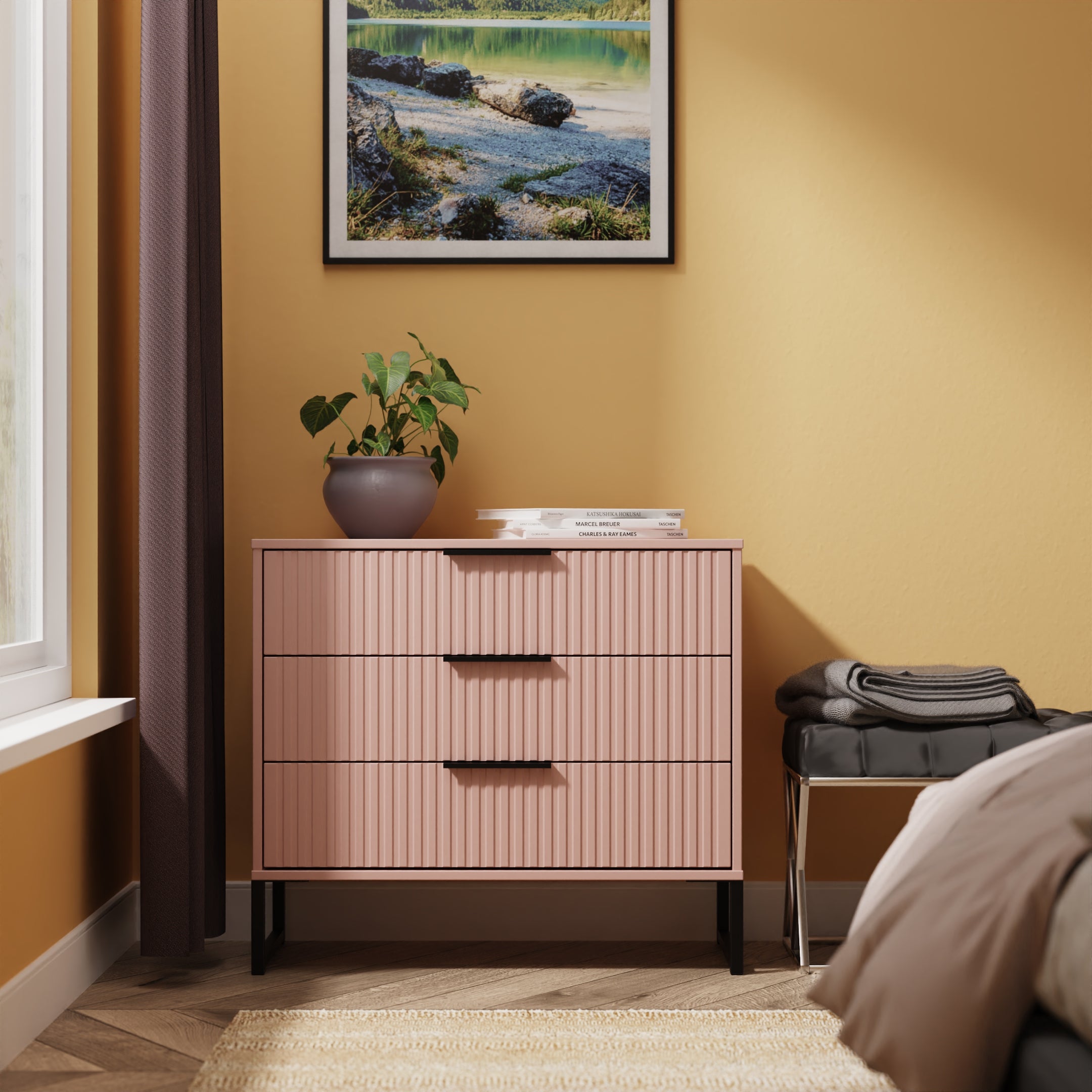 Fluted 3 Drawer Chest in Kobe Pink - Ready Assembled