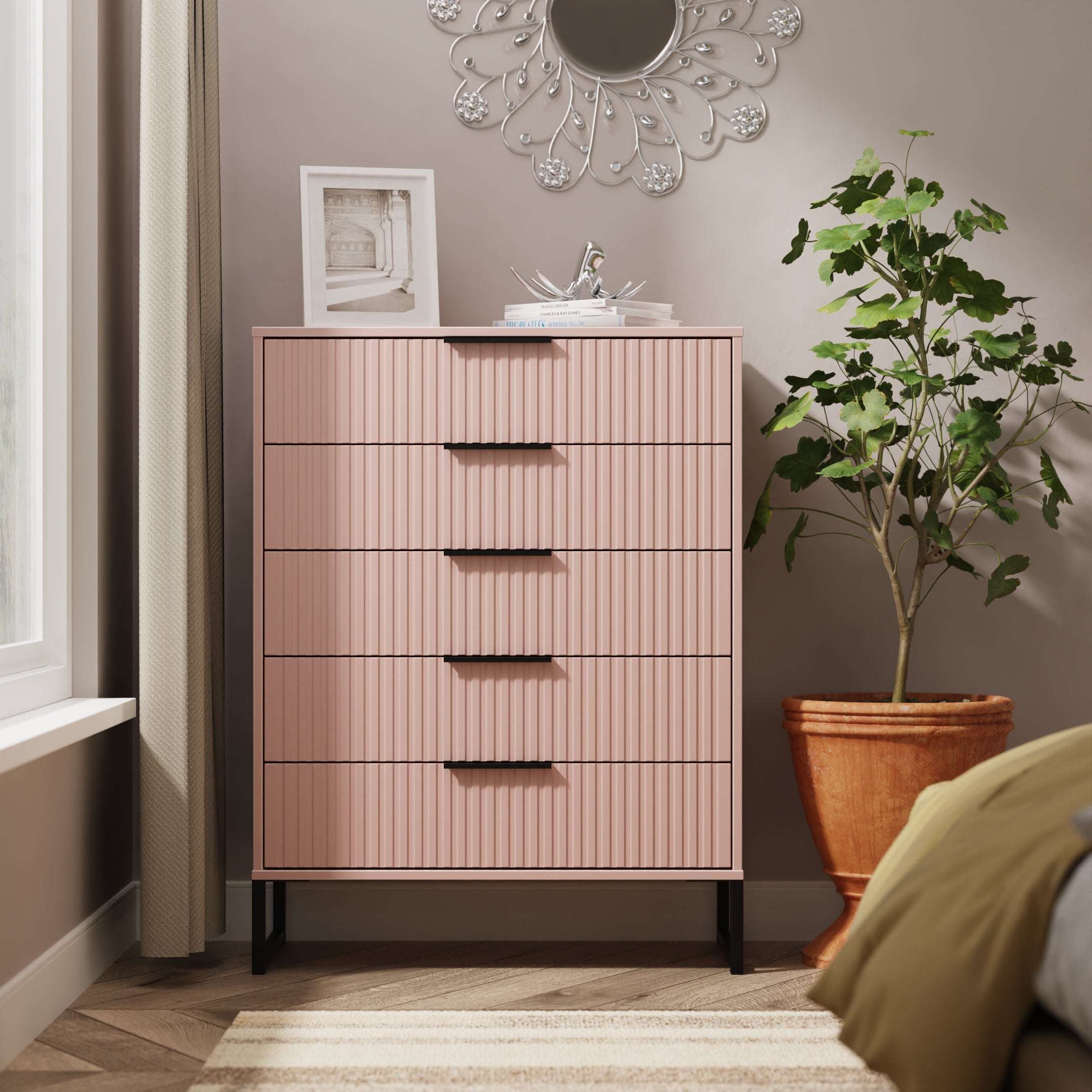 Fluted 5 Drawer Chest in Kobe Pink - Ready Assembled
