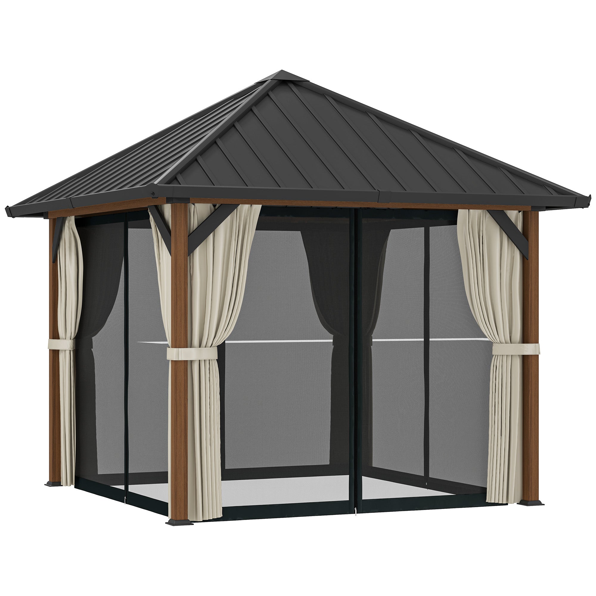 Outsunny 3 X 3(m) Metal Hardtop Gazebo With Netting And Curtains, Waln