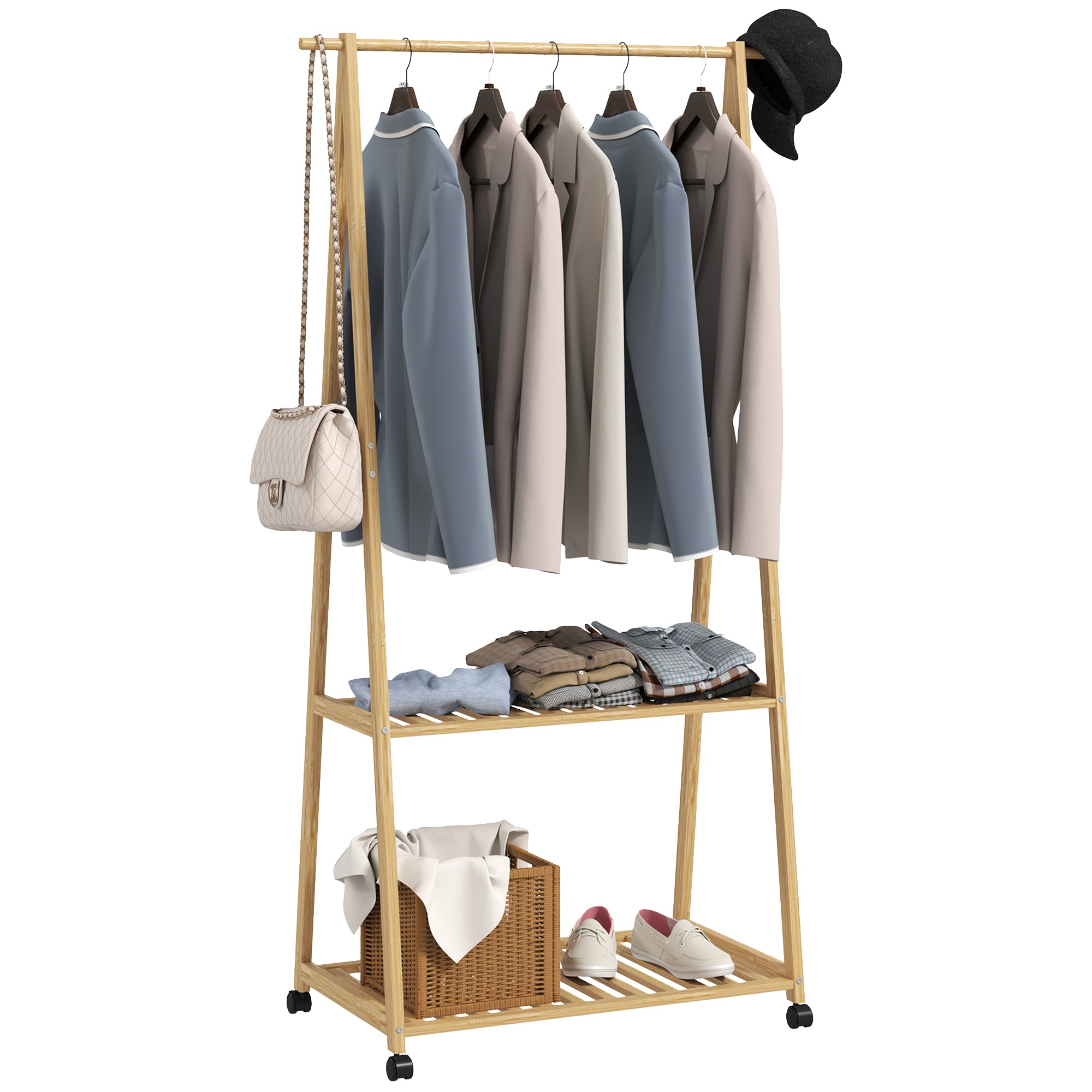 HOMCOM Bamboo Clothes Rail Rack with 2 Storage Shelves, Natural Wood E