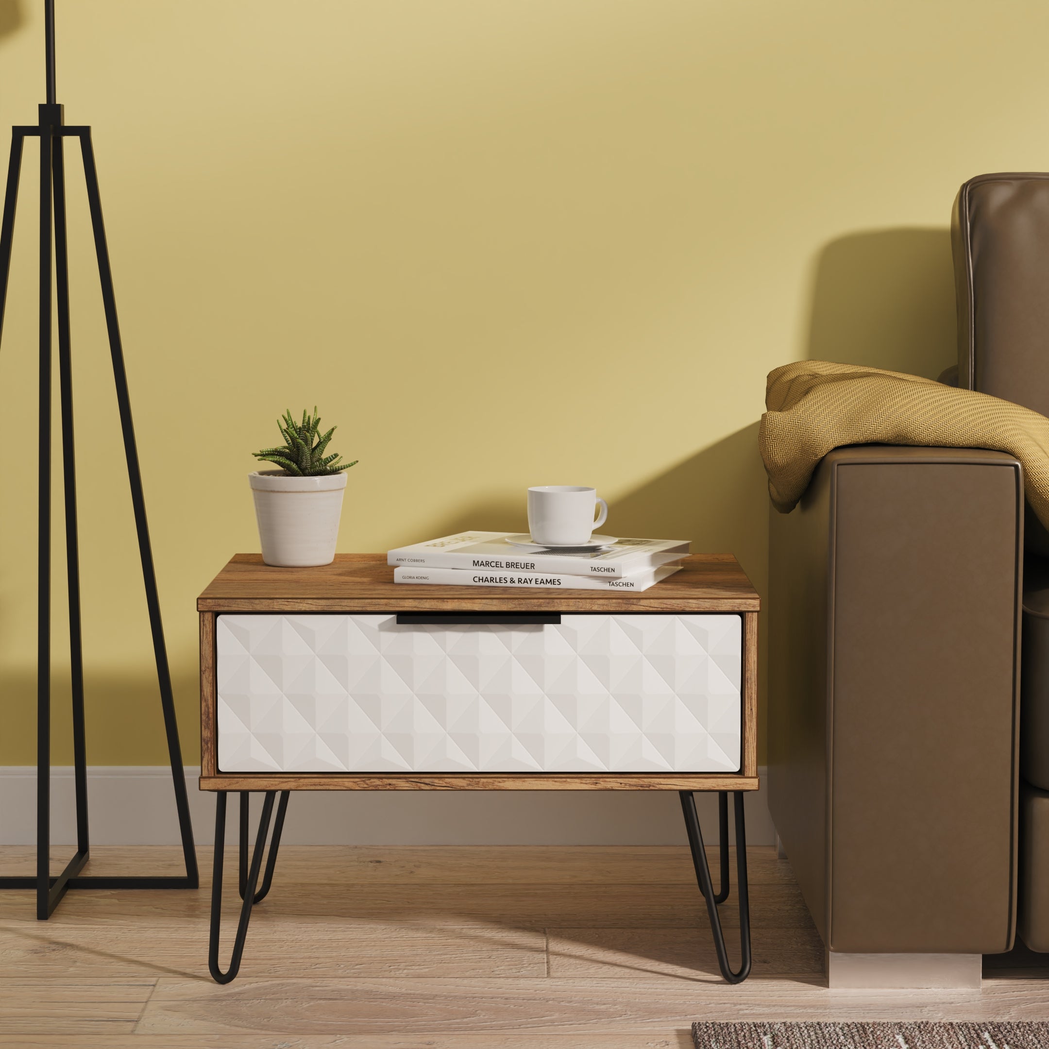 Harlequin 1 Drawer Wide Side Table in White Matt & Vintage Oak - Ready