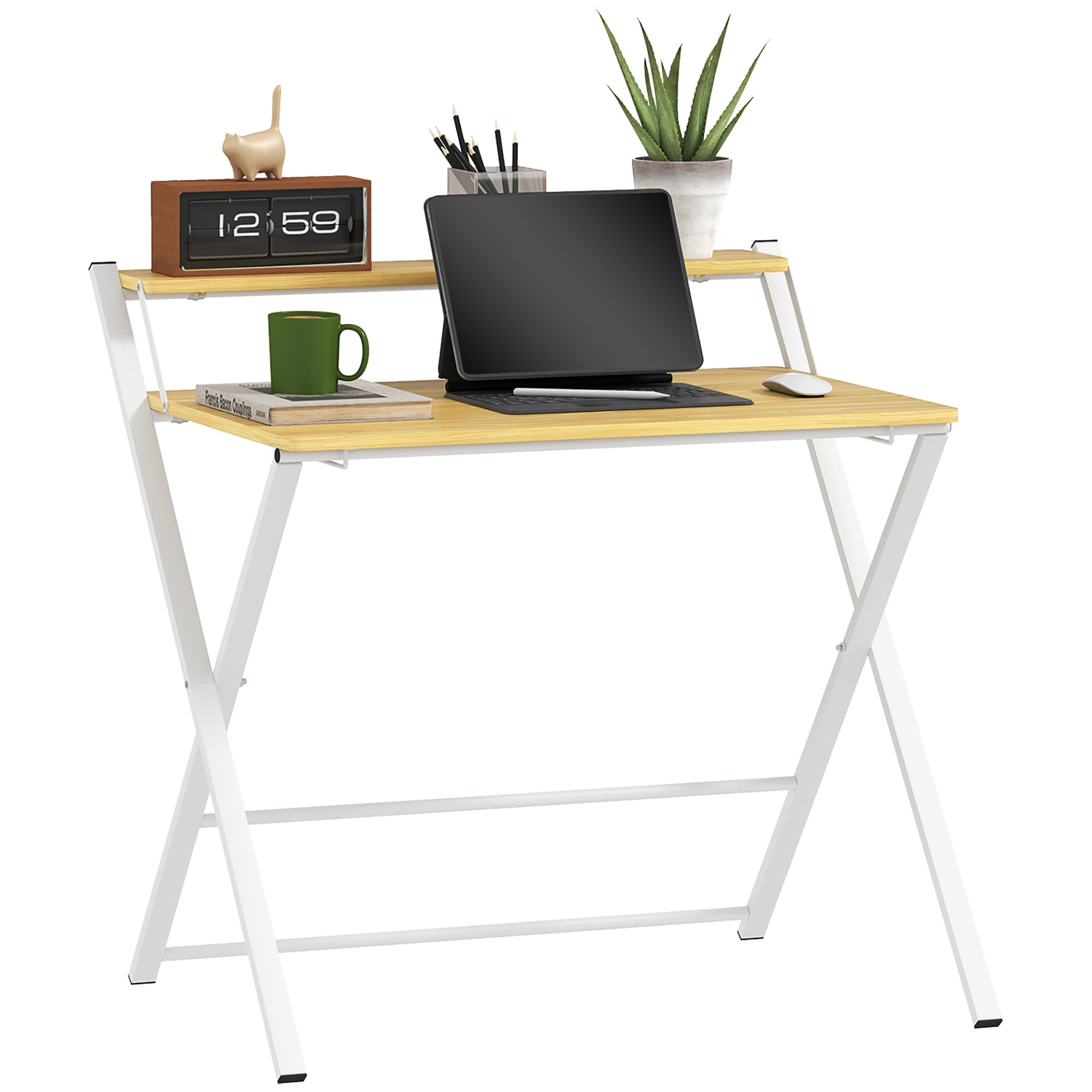 HOMCOM Folding Desk With 2-Tier Shelf For Home Office, Maple Wood-effe