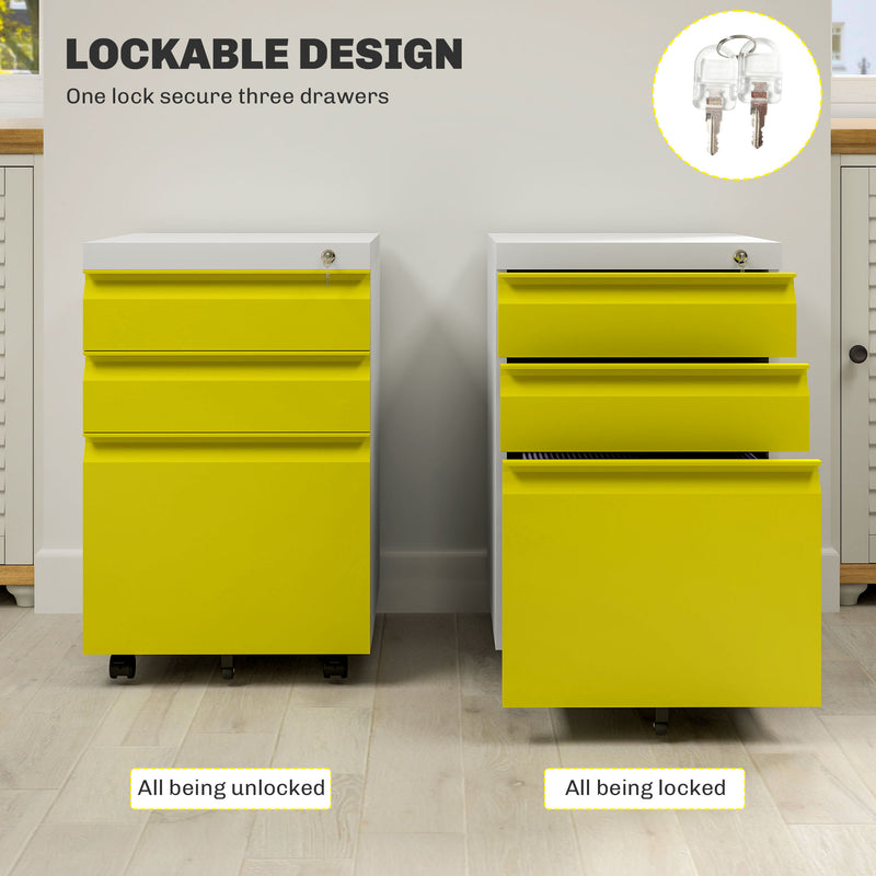 Vinsetto 3 Drawer File Cabinet Lockable Metal Filling Cabinet Yellow