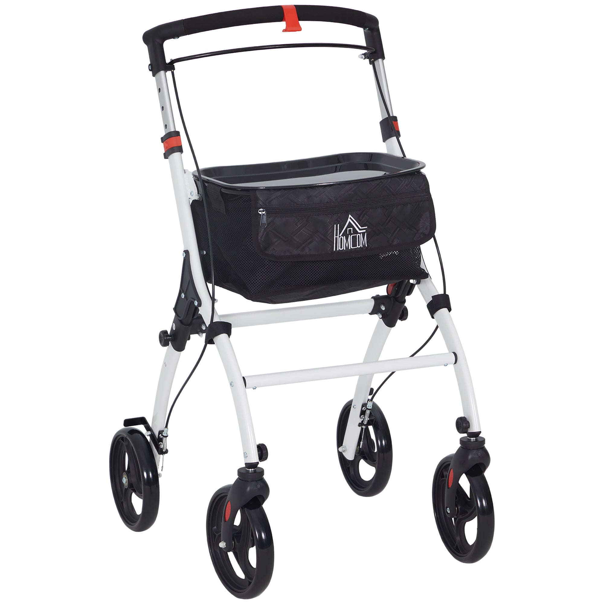 HOMCOM Folding Upright Rollator Walker With Storage Bag, Tray, White