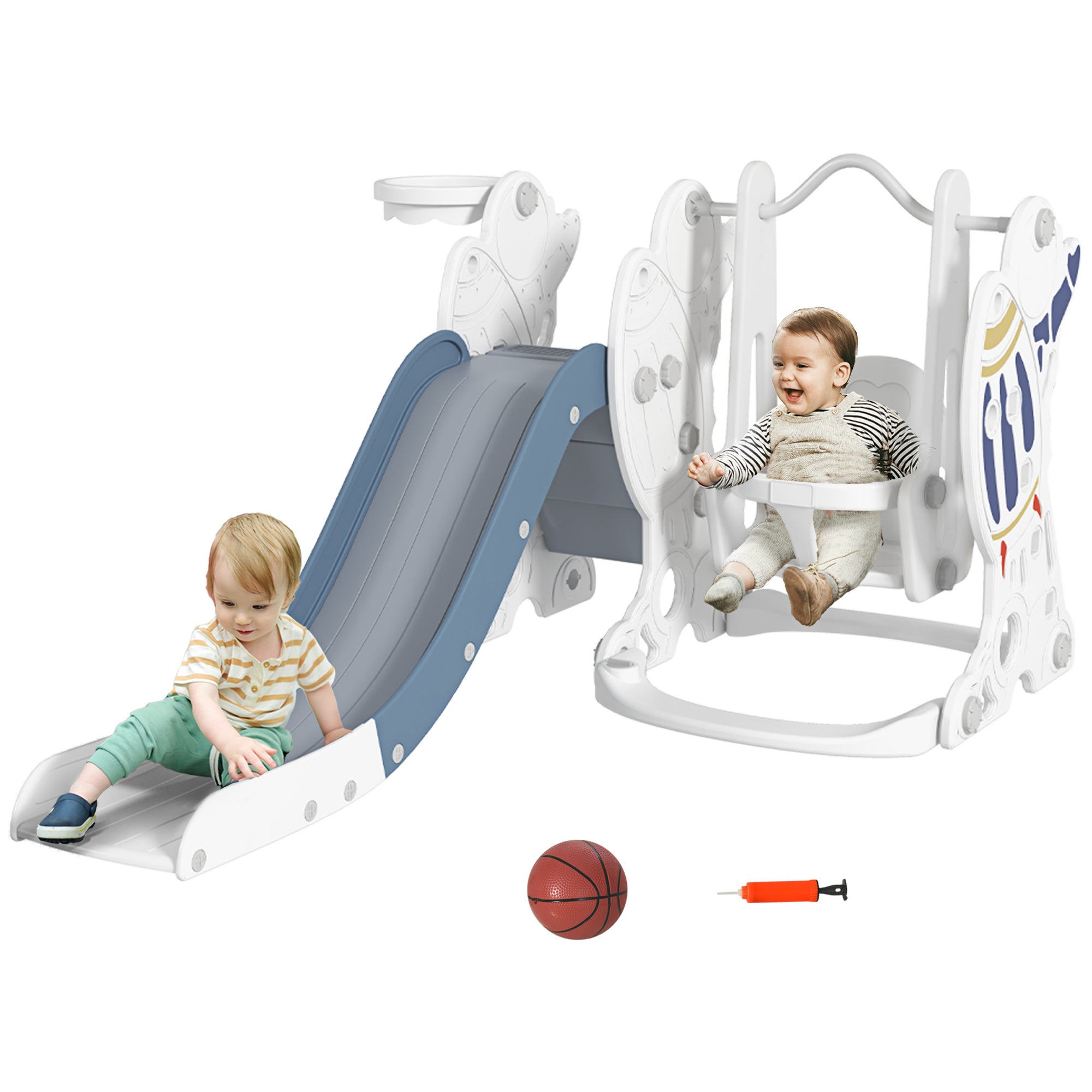 AIYAPLAY Space-Themed Slide and Swing Set for Kids w/ Basketball Hoop,