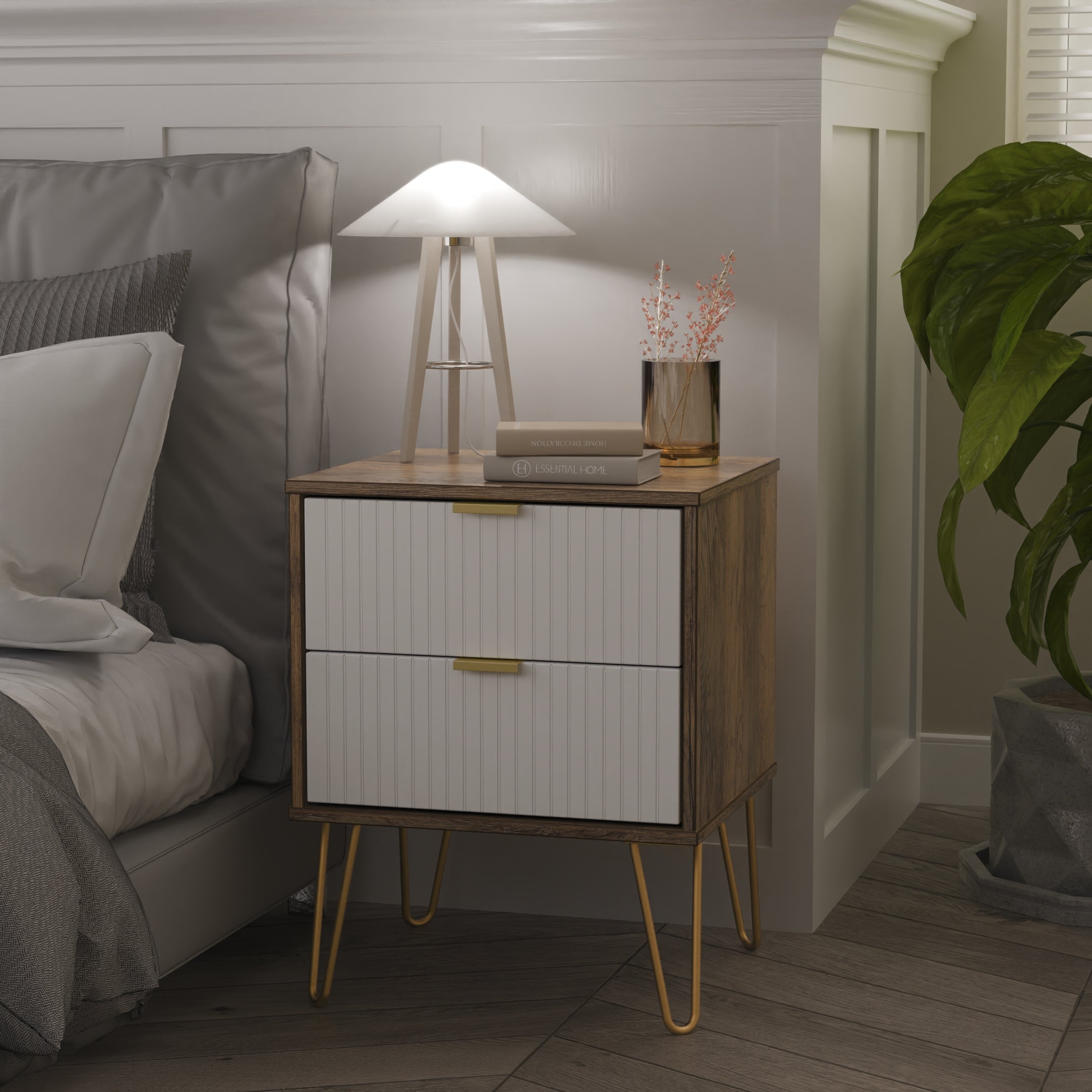 Breda Ready Assembled 2 Drawer Bedside Cabinet in White Matt & Vintage