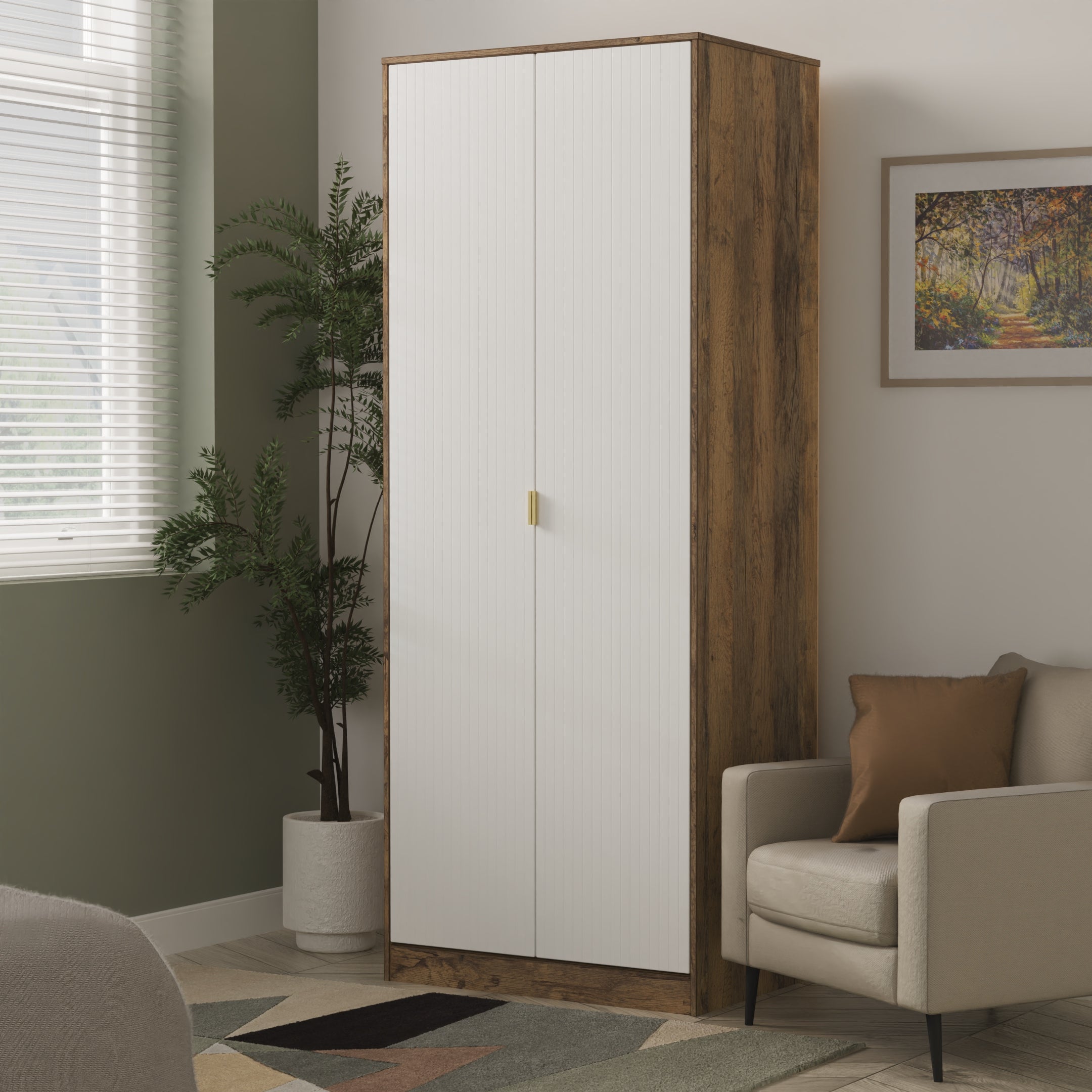 Breda Ready Assembled 2 Door Wardrobe in White Matt & Vintage Oak