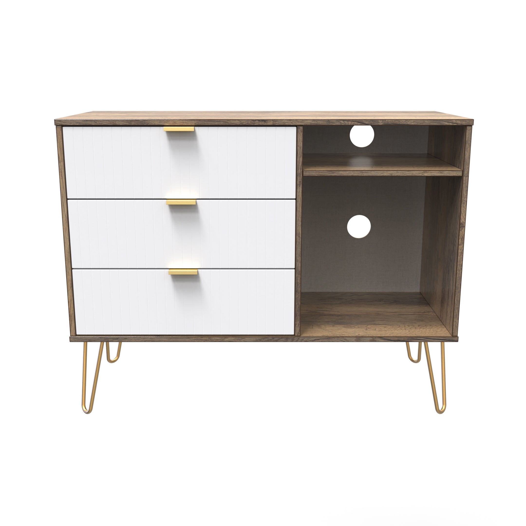 Breda Ready Assembled 3 Drawer TV Unit in White Matt & Vintage Oak