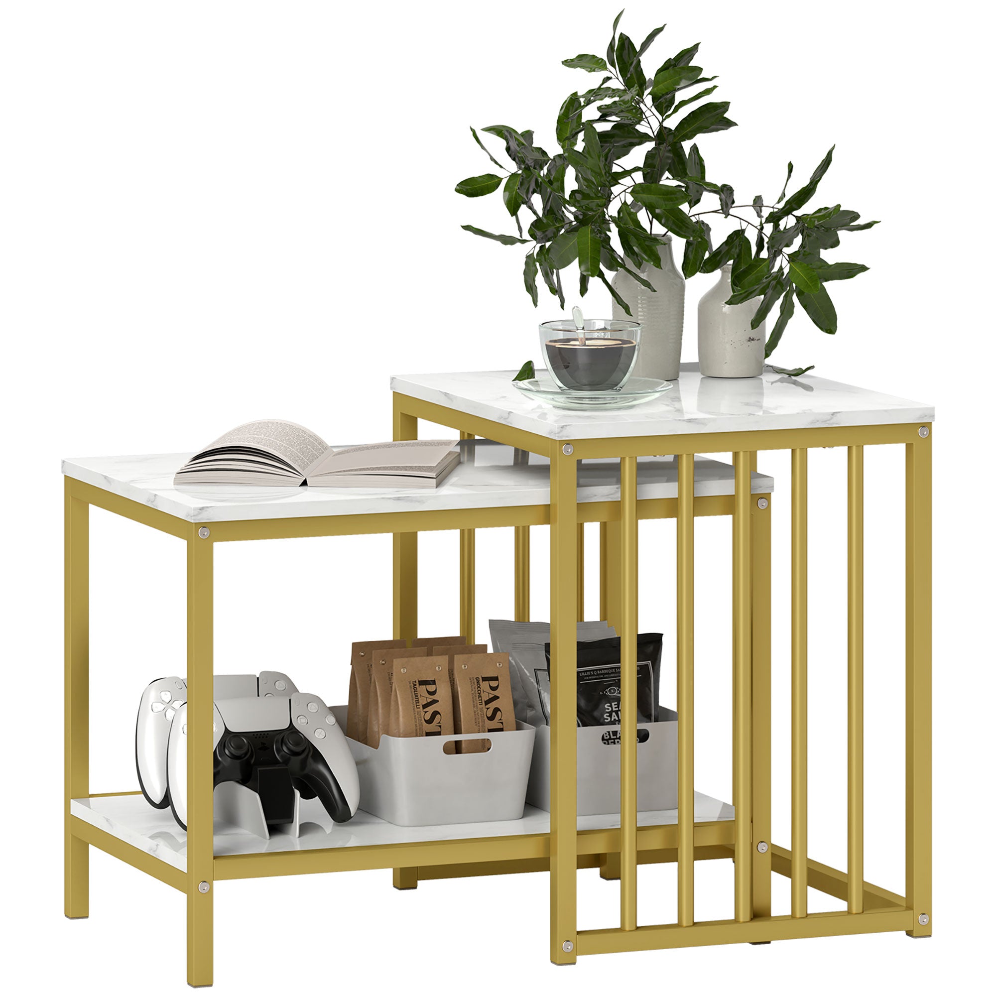 HOMCOM Modern Coffee Table Set Of Two W/ Steel Frame Marble-Effect Gol