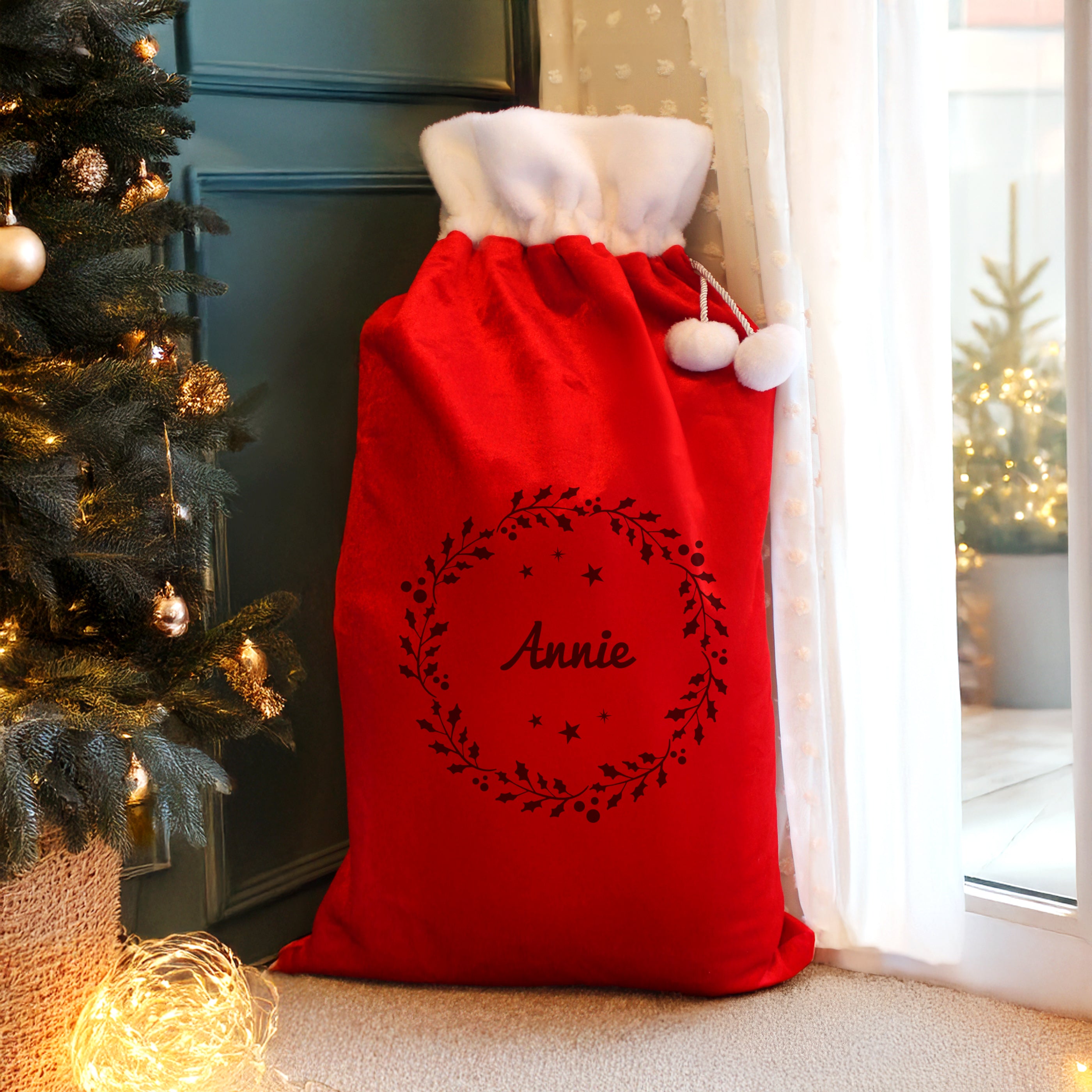 Personalised Holly Red Christmas Sack