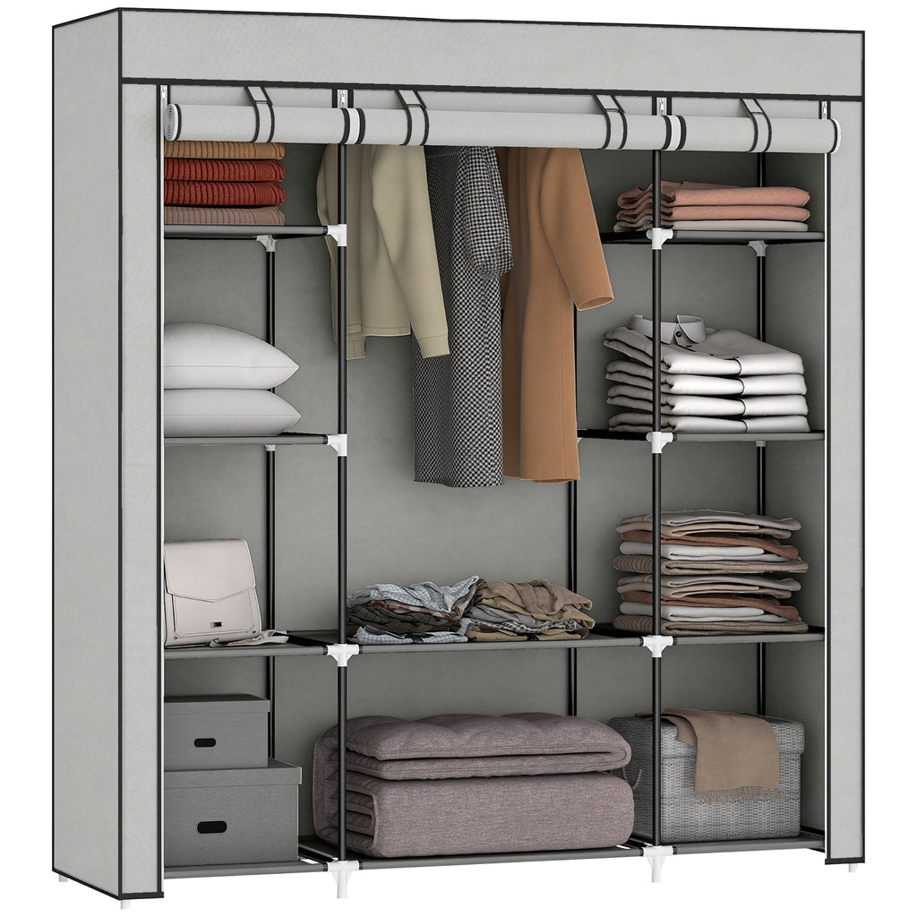 HOMCOM Fabric Wardrobe with 10 Shelves, Foldable Closet Light Grey