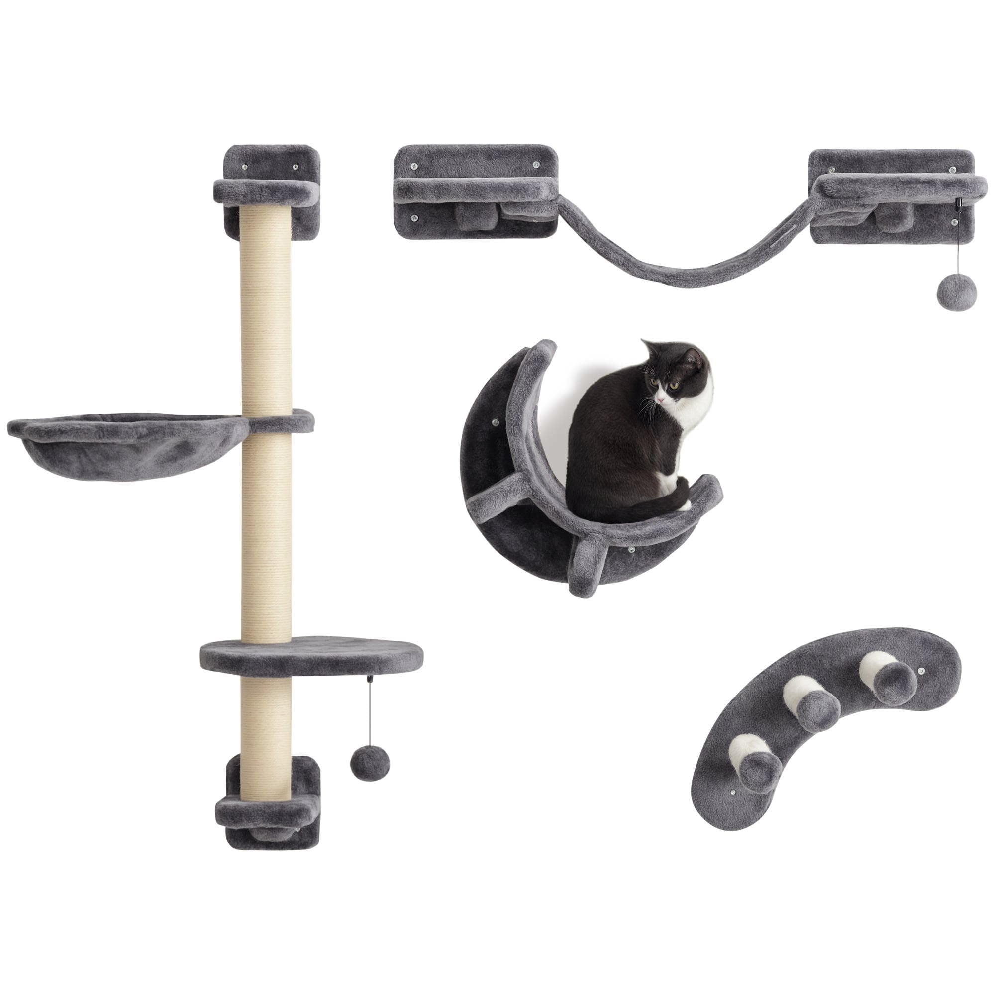 PawHut 4-Piece Cat Wall Furniture W/ Hammock, Ladder, Platforms - Dark