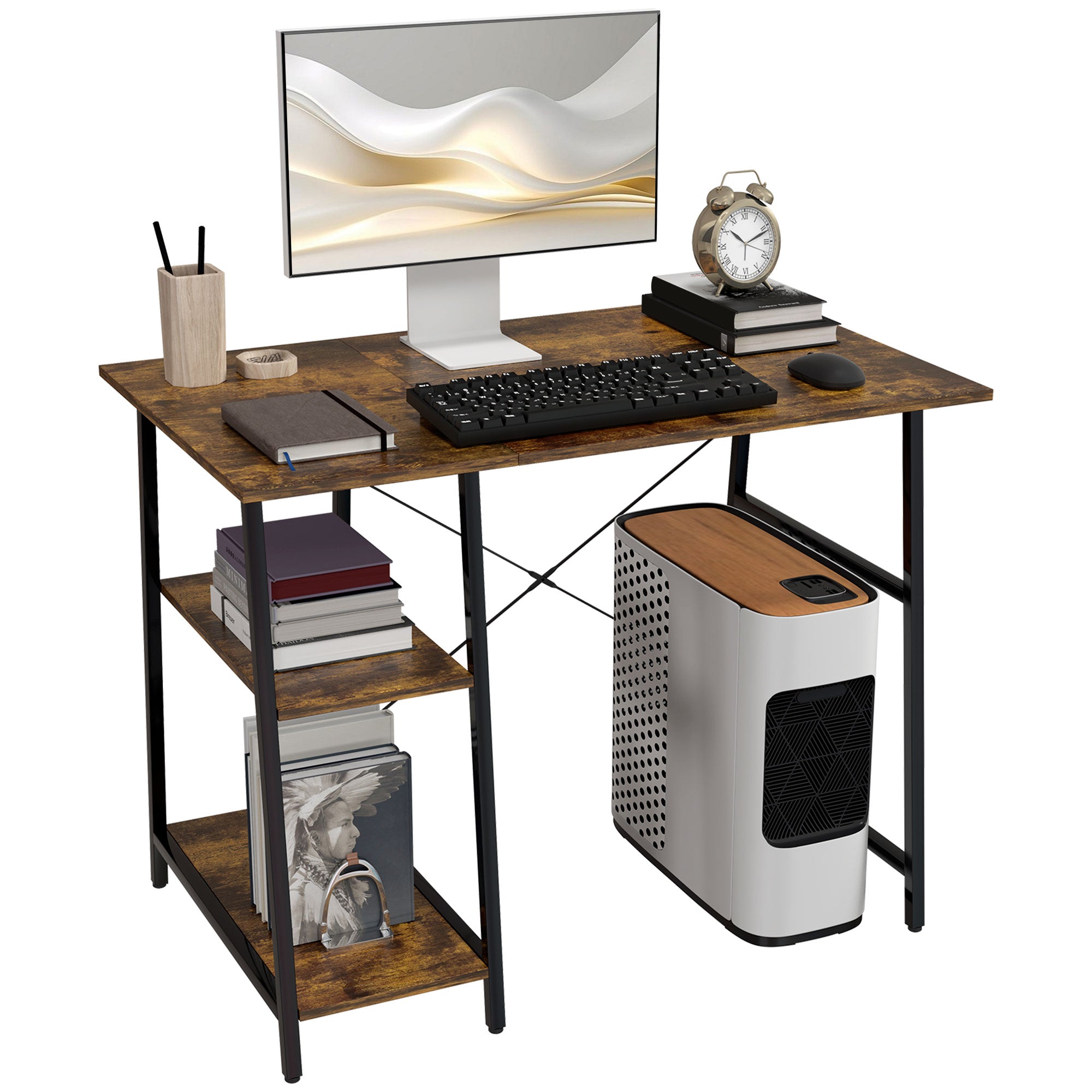 HOMCOM Computer Table Wor Desk with Shelves & Steel Frame, Rustic Brow