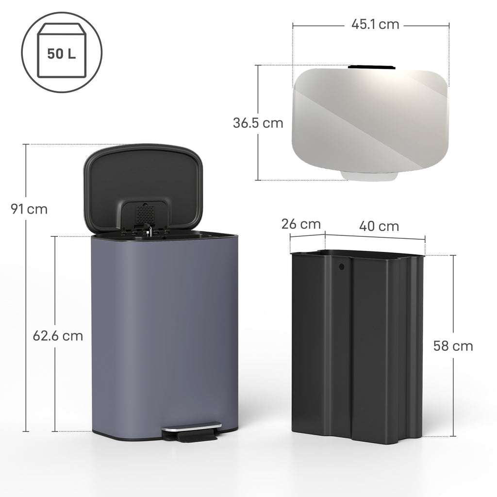 HOMCOM Pedal Bin With Soft-Close Lid, 50L Kitchen Bin With Carry Handl