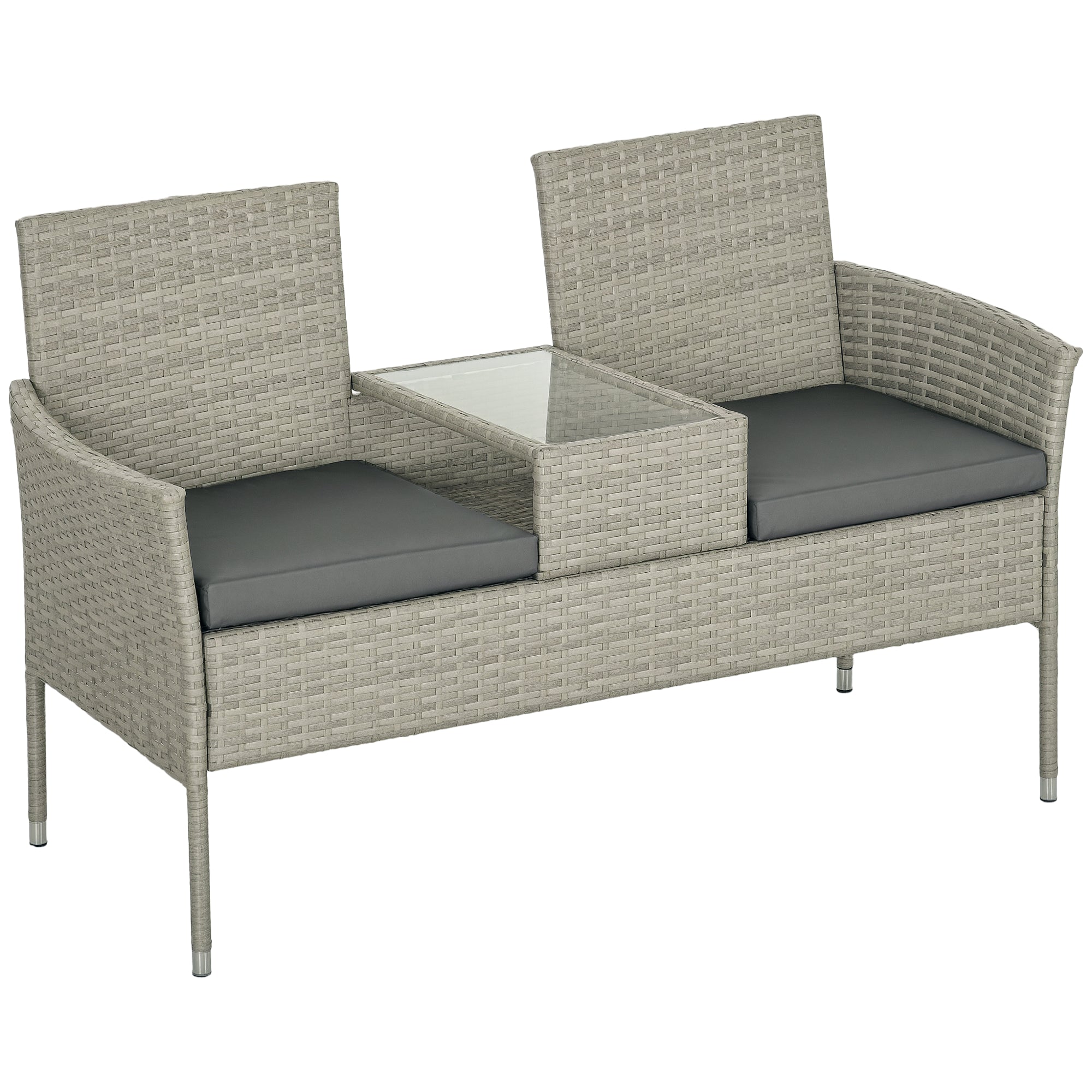 Outsunny Rattan Garden Bench w/ Glass Tea Table, Wicker Chair w/ Cushi