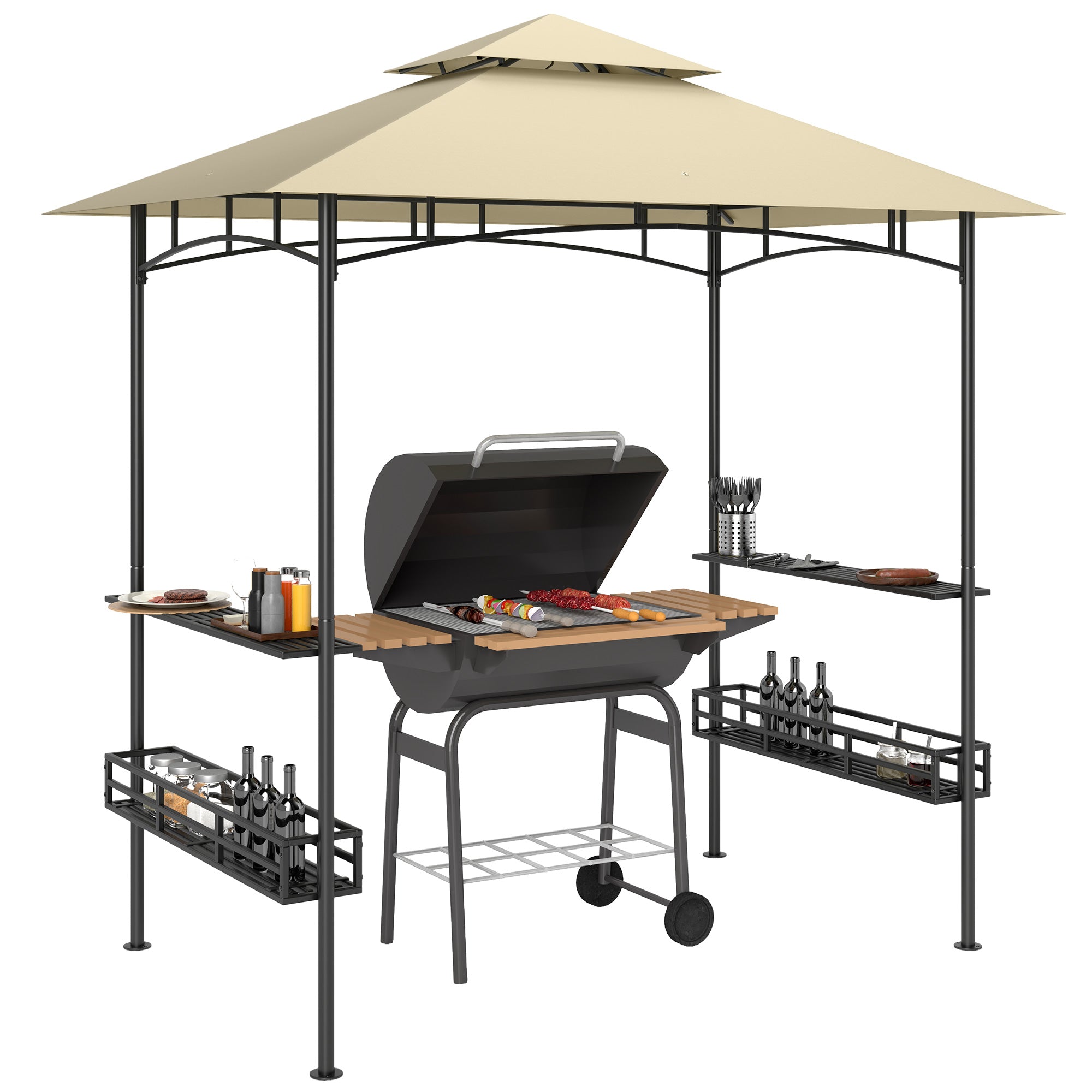 Outsunny 8' x 5' Grill Gazebo Canopy with 2 Side Shelves, Hook, Dark G