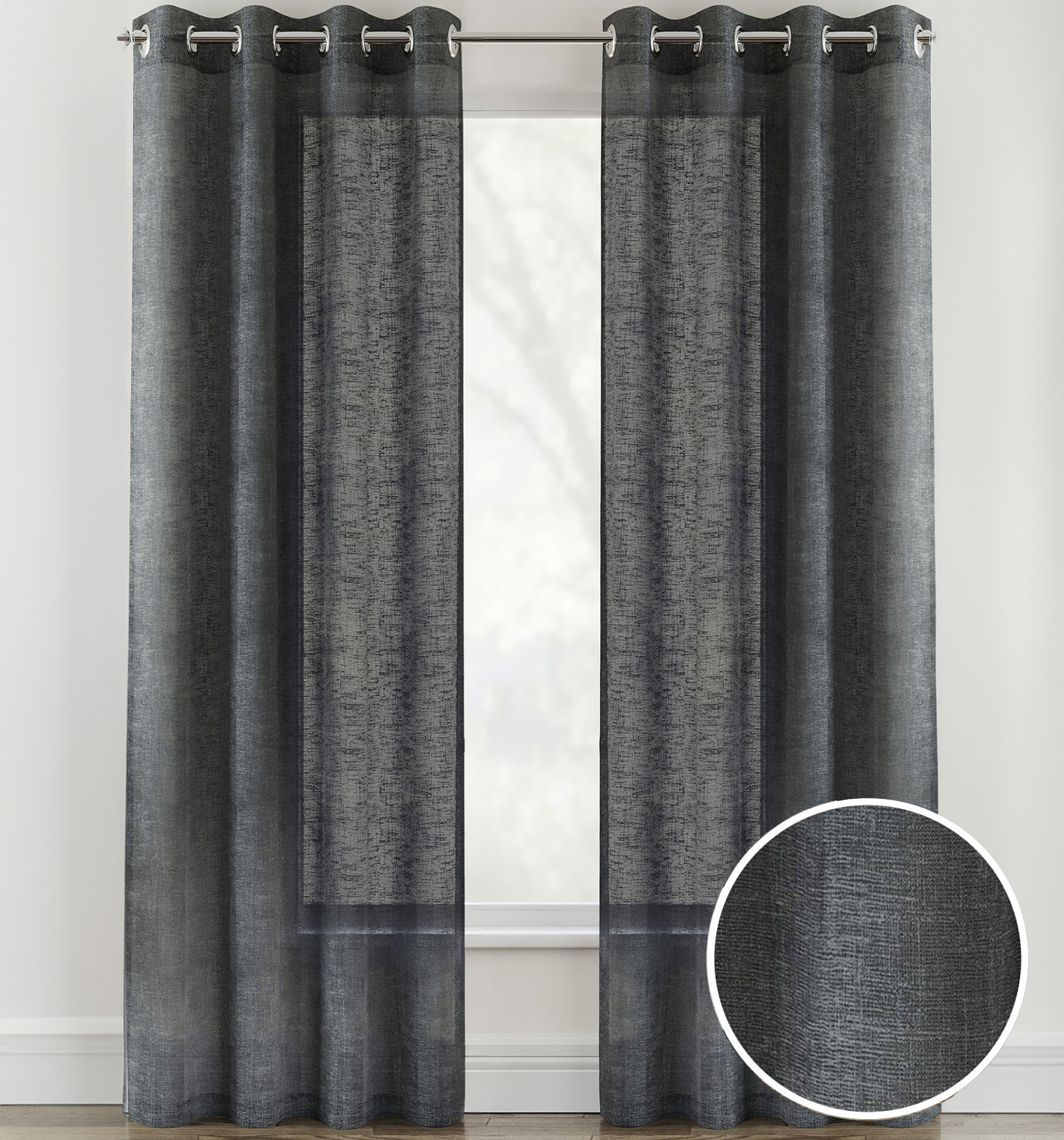 Pair of Crete Charcoal Luxury Linen Look Sheer Panels with Eyelet Head
