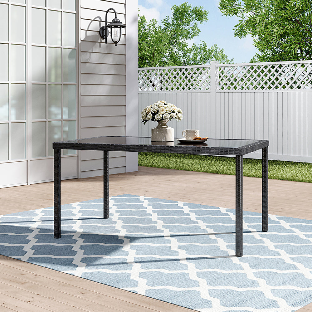 Breeins Rustic Rectangle Outdoor Wicker Table With Tempered Glass Tabl