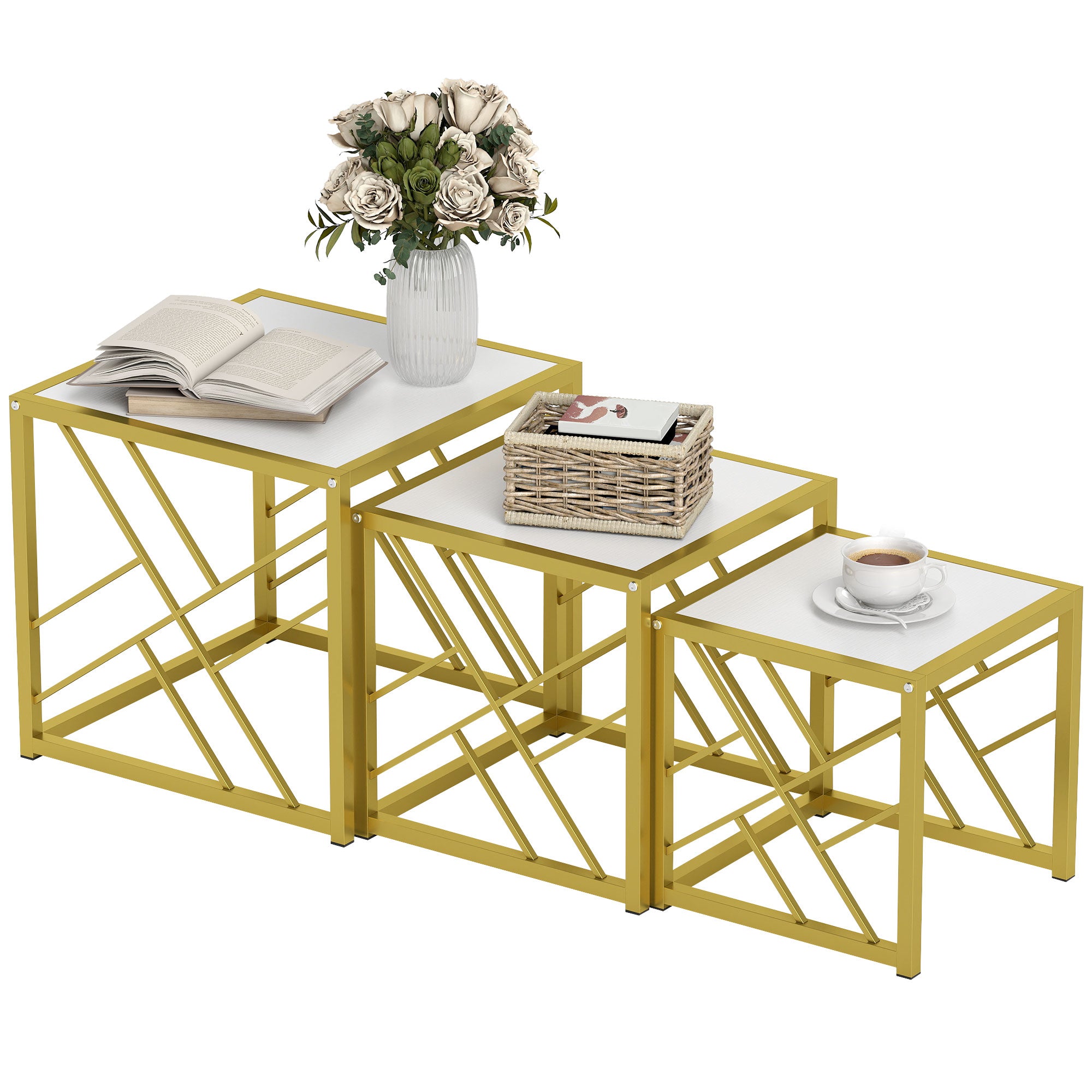 HOMCOM Set of 3 Nesting Coffee Tables Square End Tables w/ Metal Frame