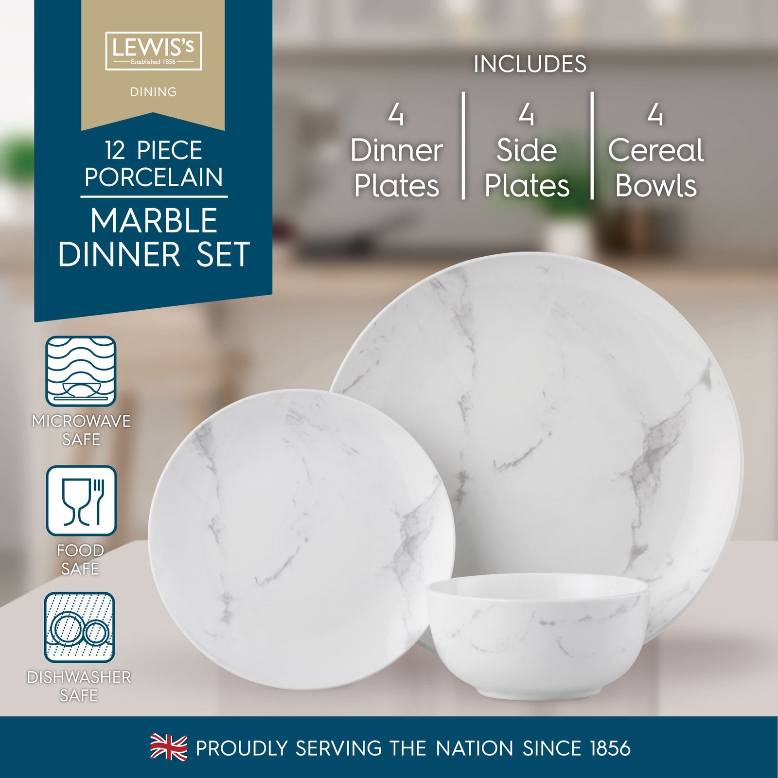 Lewis’s Marble Dinner Set | 12-Piece Porcelain Dinnerware
