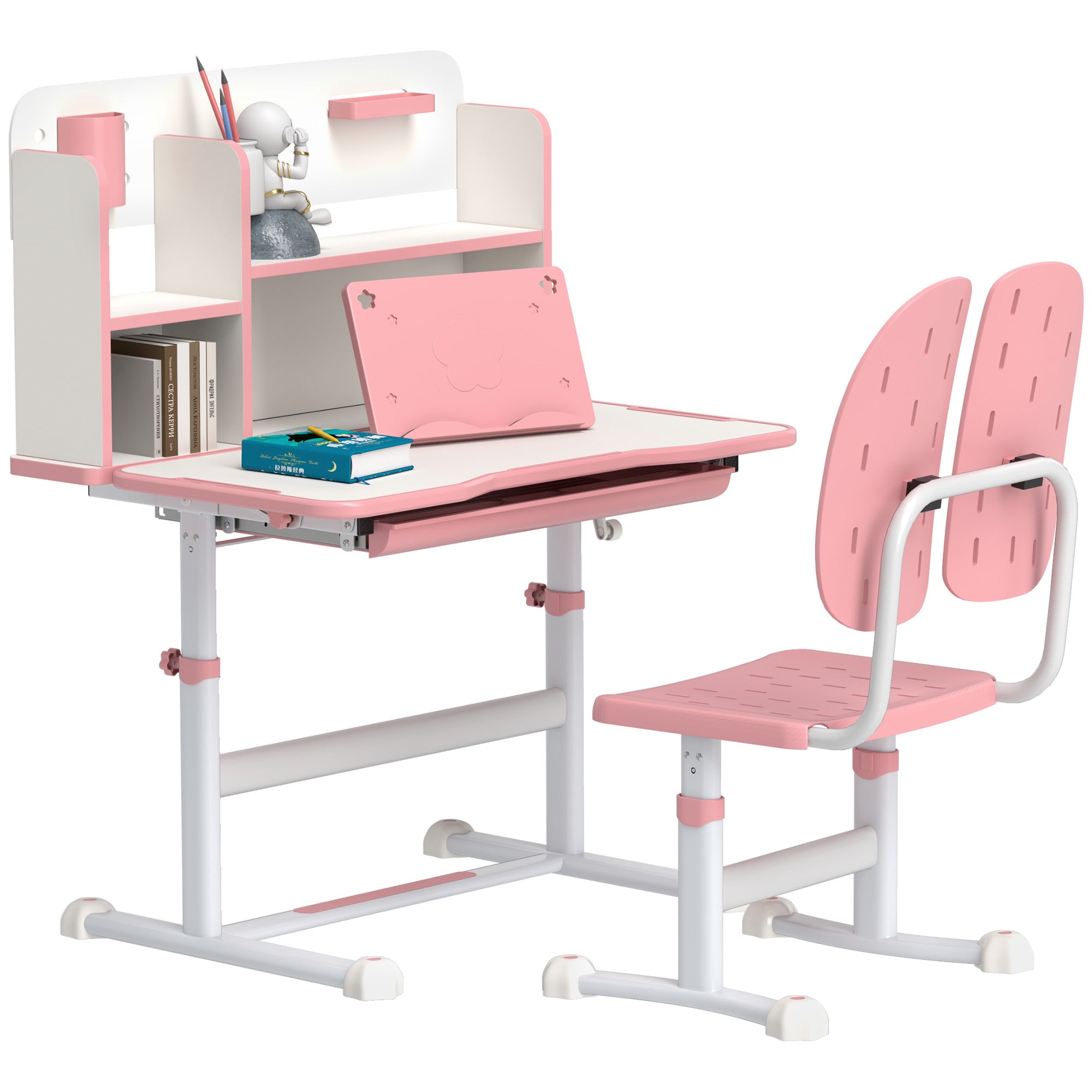 AIYAPLAY Kids Desk and Chair Set w/ Tiltable Desktop Reading Rack - Pi