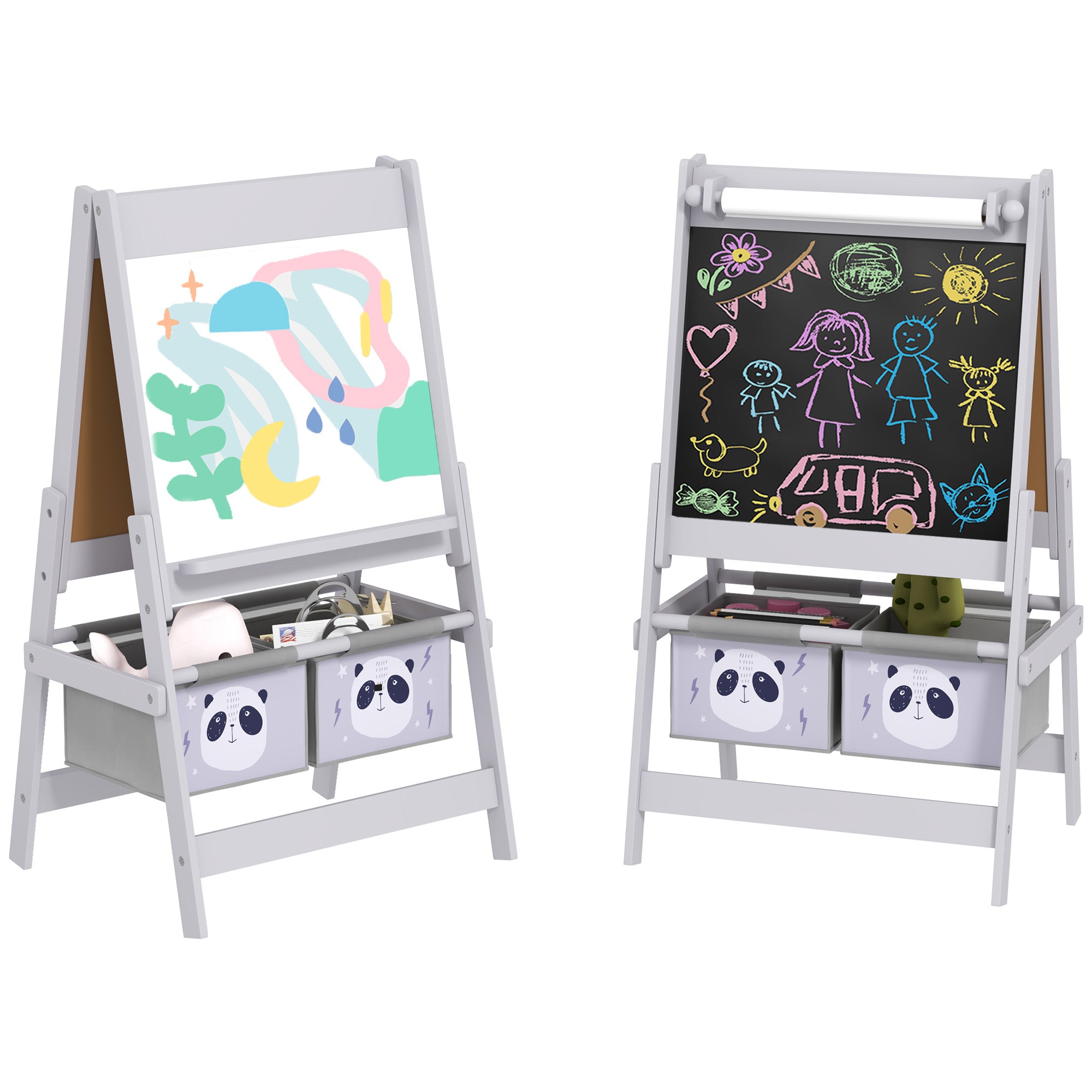 AIYAPLAY Kids Easel with Paper Roll, Blackboard, Whiteboard, Storage,