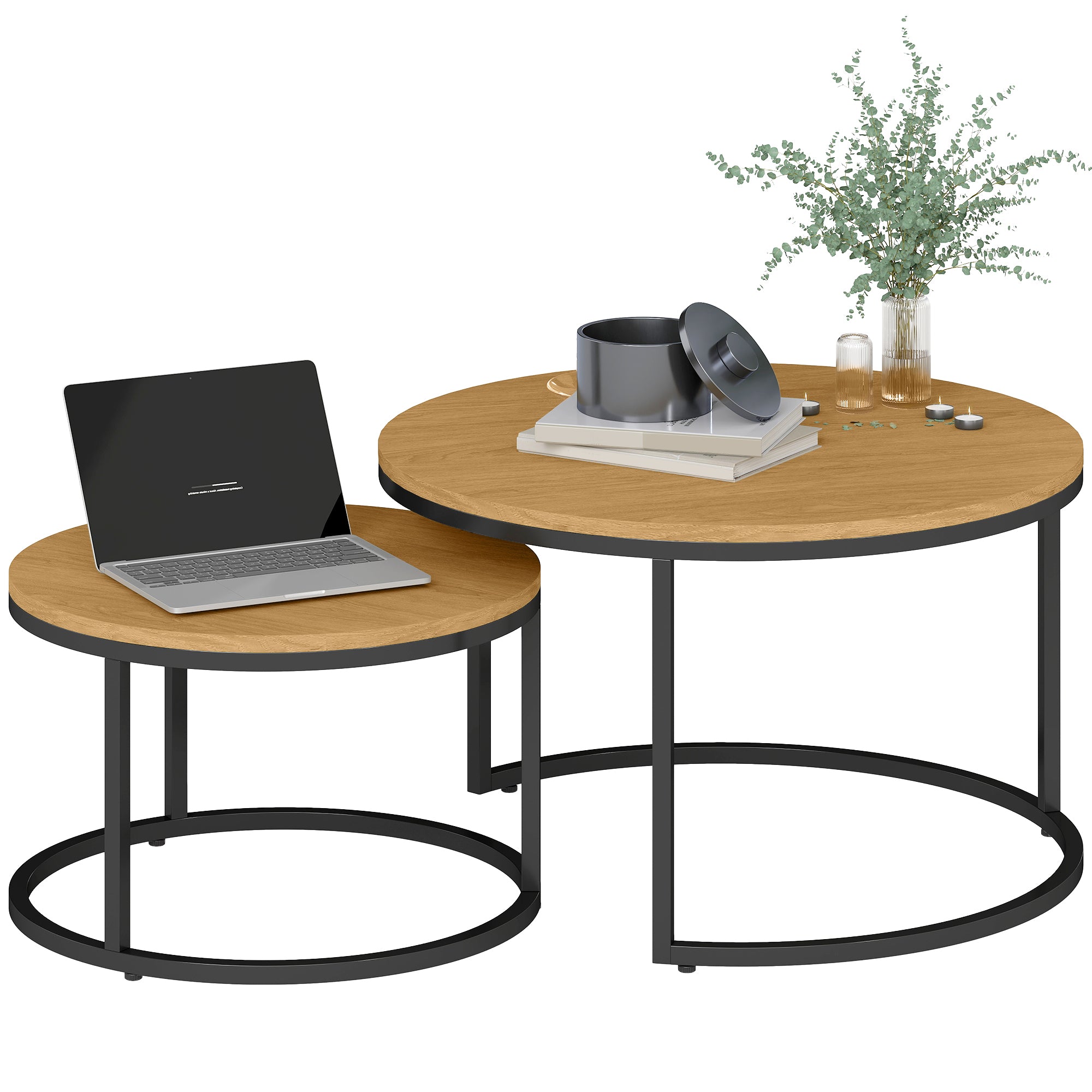 HOMCOM 2 Pcs Stacking Coffee Table Set With Steel Frame
