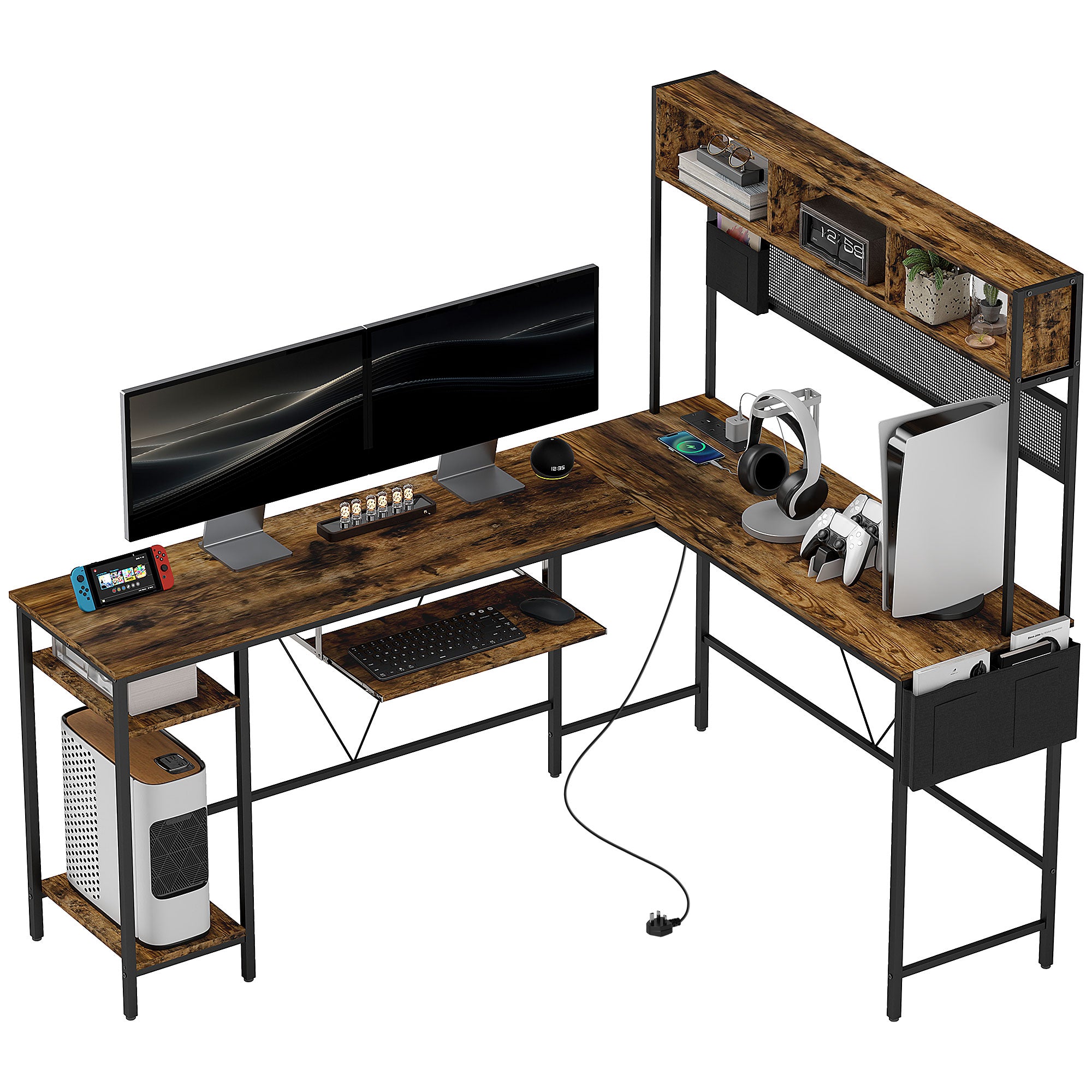 HOMCOM Reversible Corner Desk W/ USB Port, Long Computer Desk For 2 Pe