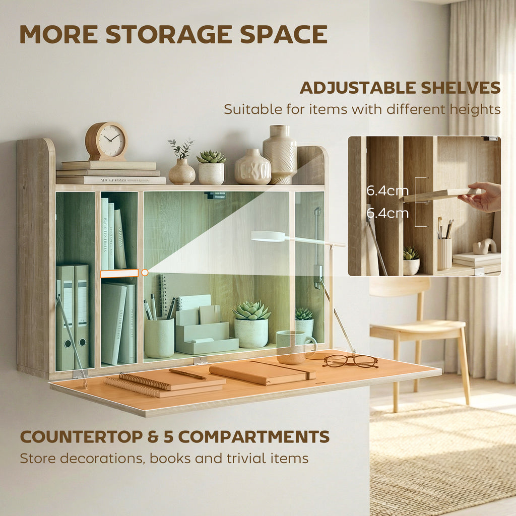 HOMCOM Wall Mounted Table w/ Space Saving Storage Compartments, Oak