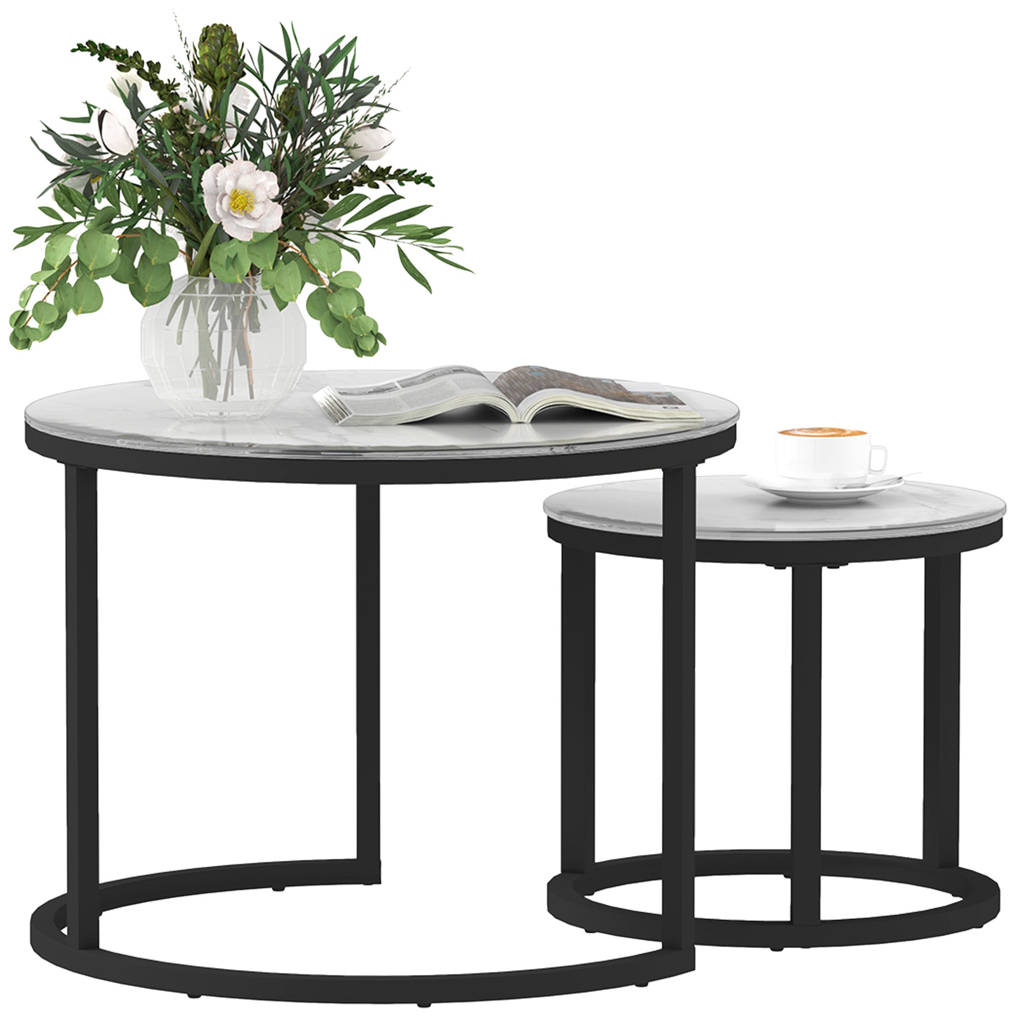 HOMCOM Glass Coffee Table Set of 2, Round Nest of Tables for Living Ro