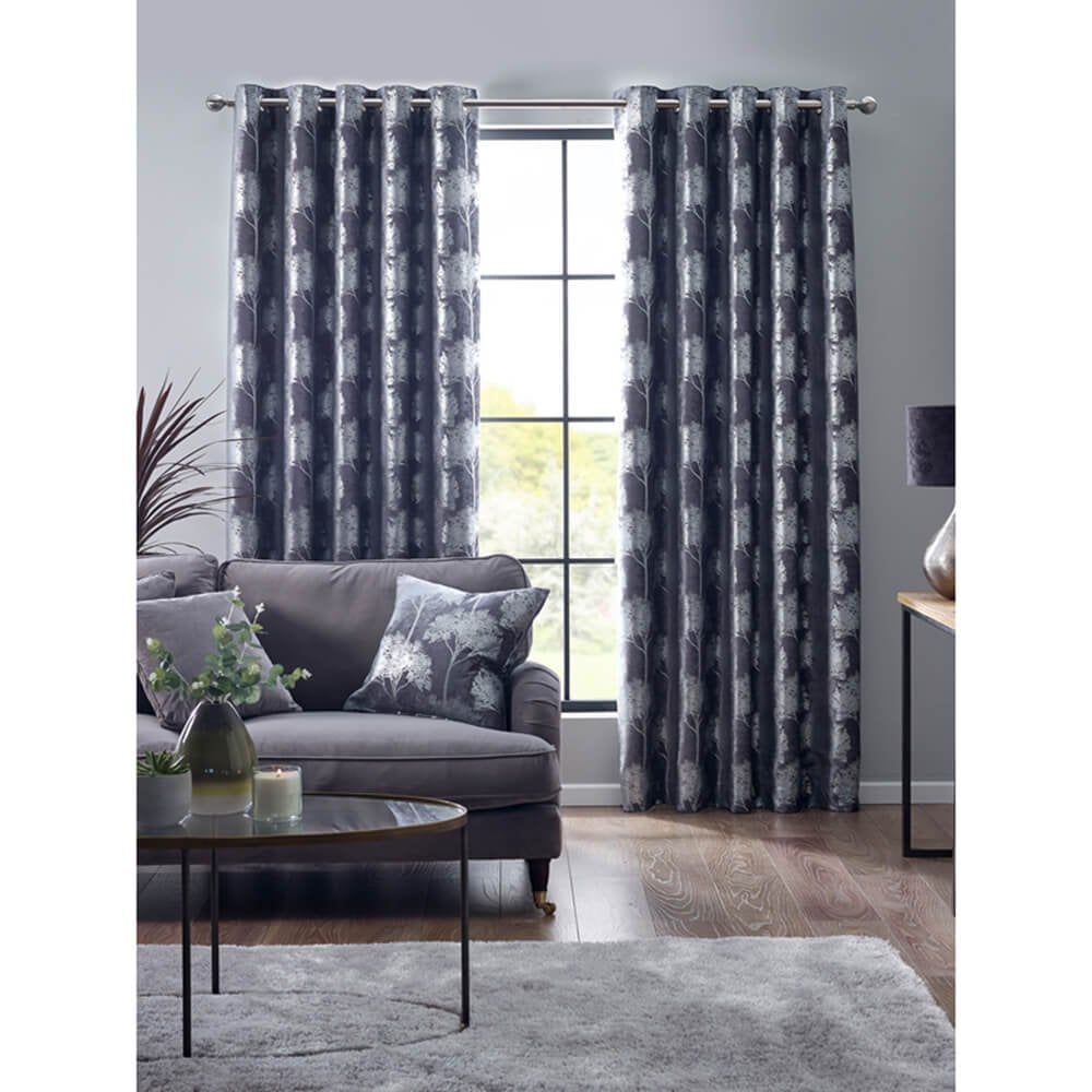 Orchard Foiled Pewter Eyelet Curtains