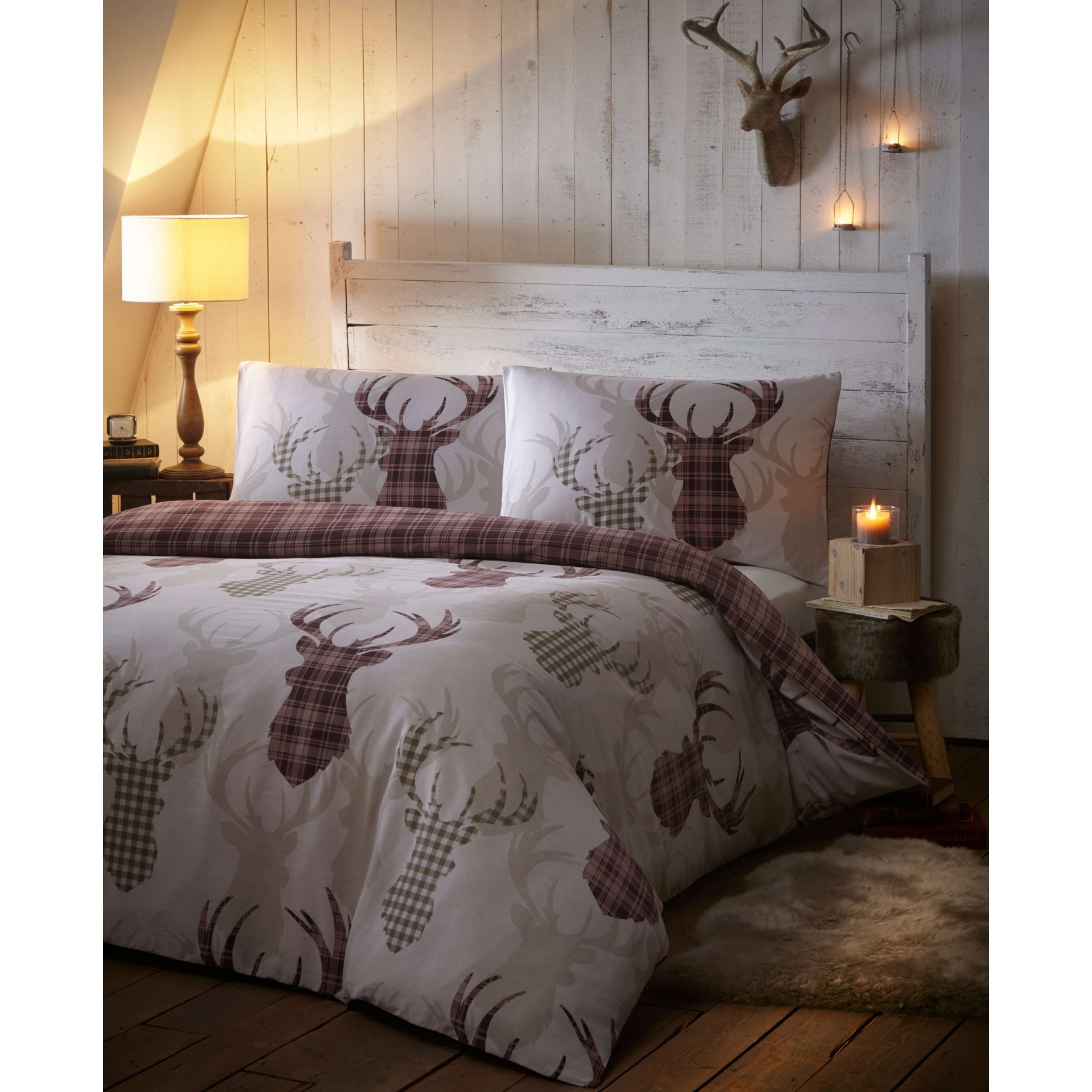Tartan Stag Duvet Cover Bedding Set - Natural