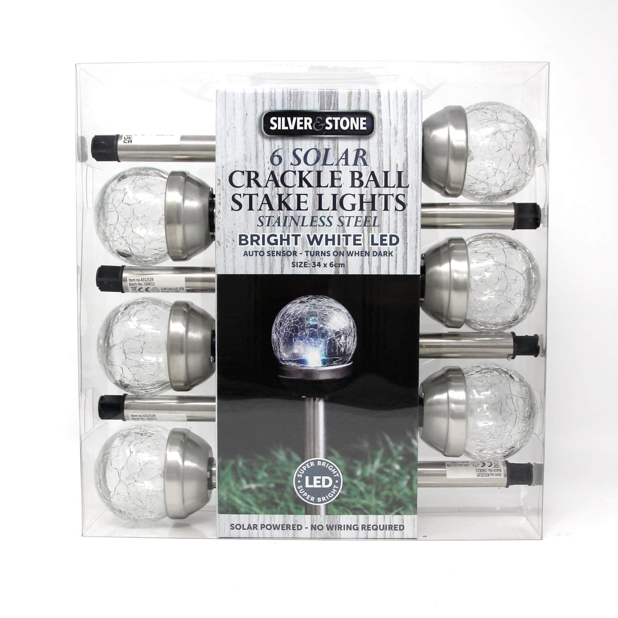 Silver & Stone Solar Powered Crackle Ball Stake Light Pack Of 6 with W