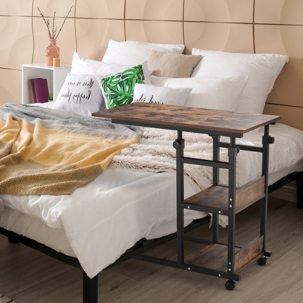 Industrial C Shaped Mobile Rolling Sofa Side Table with 3 Tier Storage Shelving Adjustable Height Wheels Bed Adjust Height Cart w